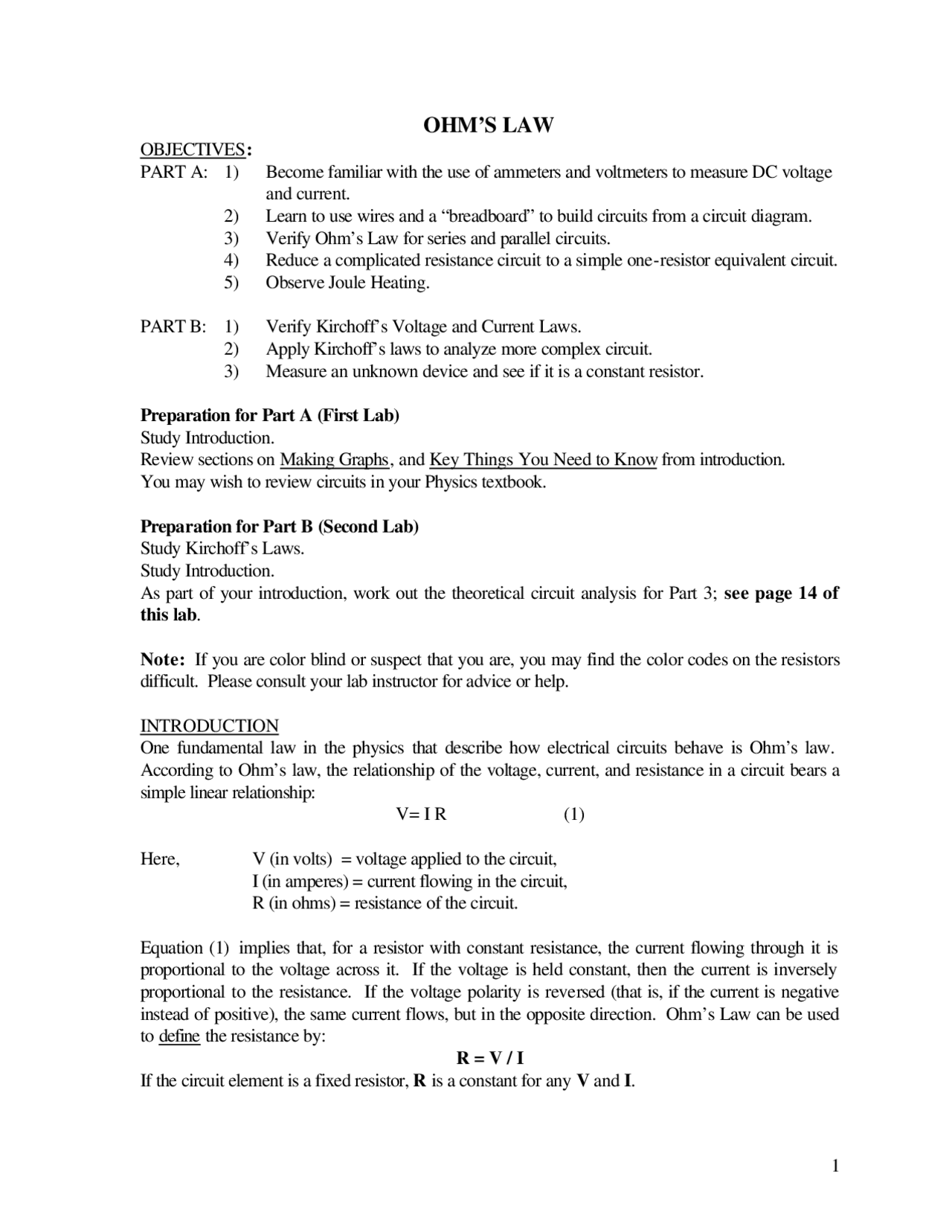 Notes on Ohm's Law - Introduction Physics Lab II | PHY 252 - Docsity