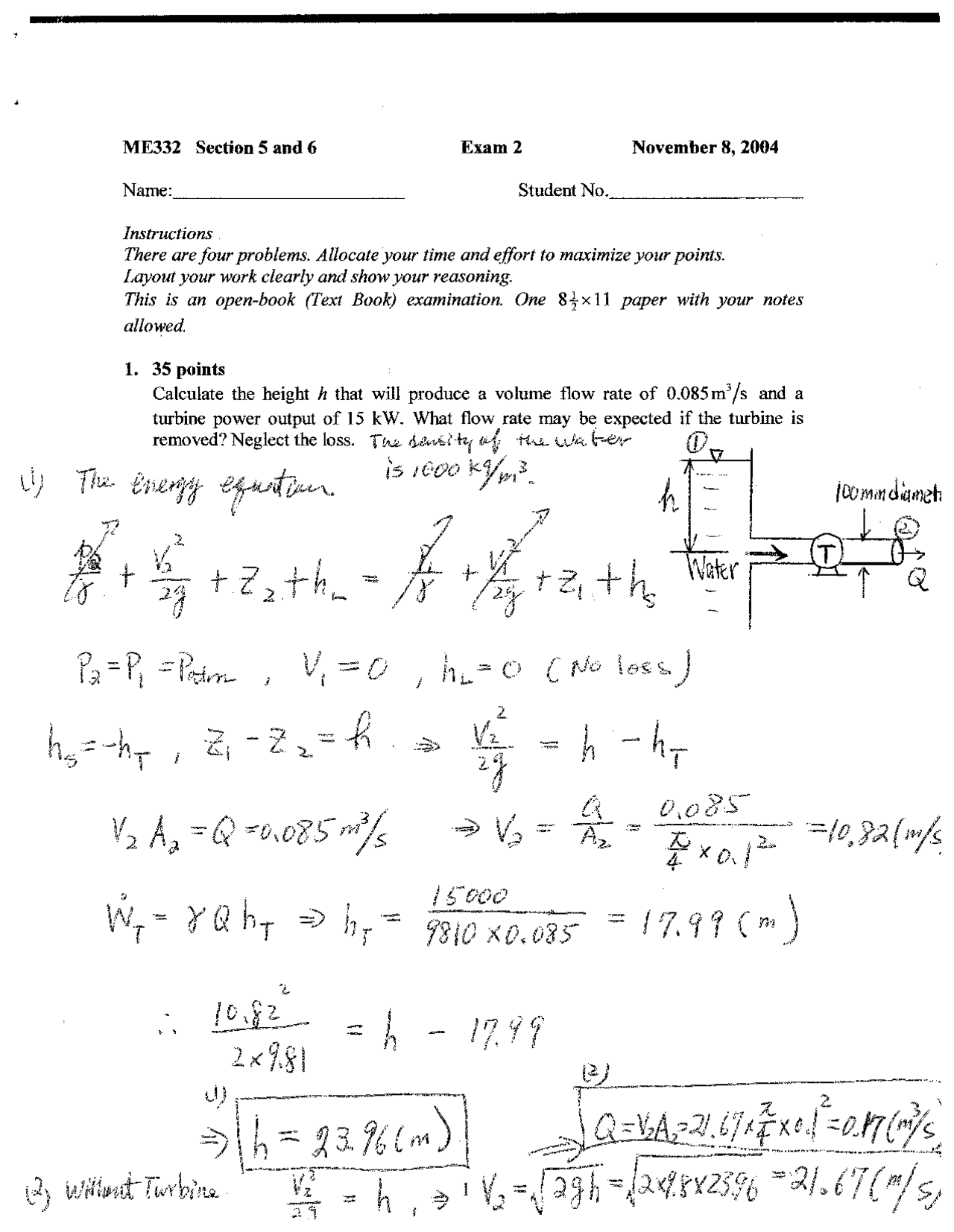 Fluid Mechanics questions with demonstrations | ME 332 | Exams Fluid ...