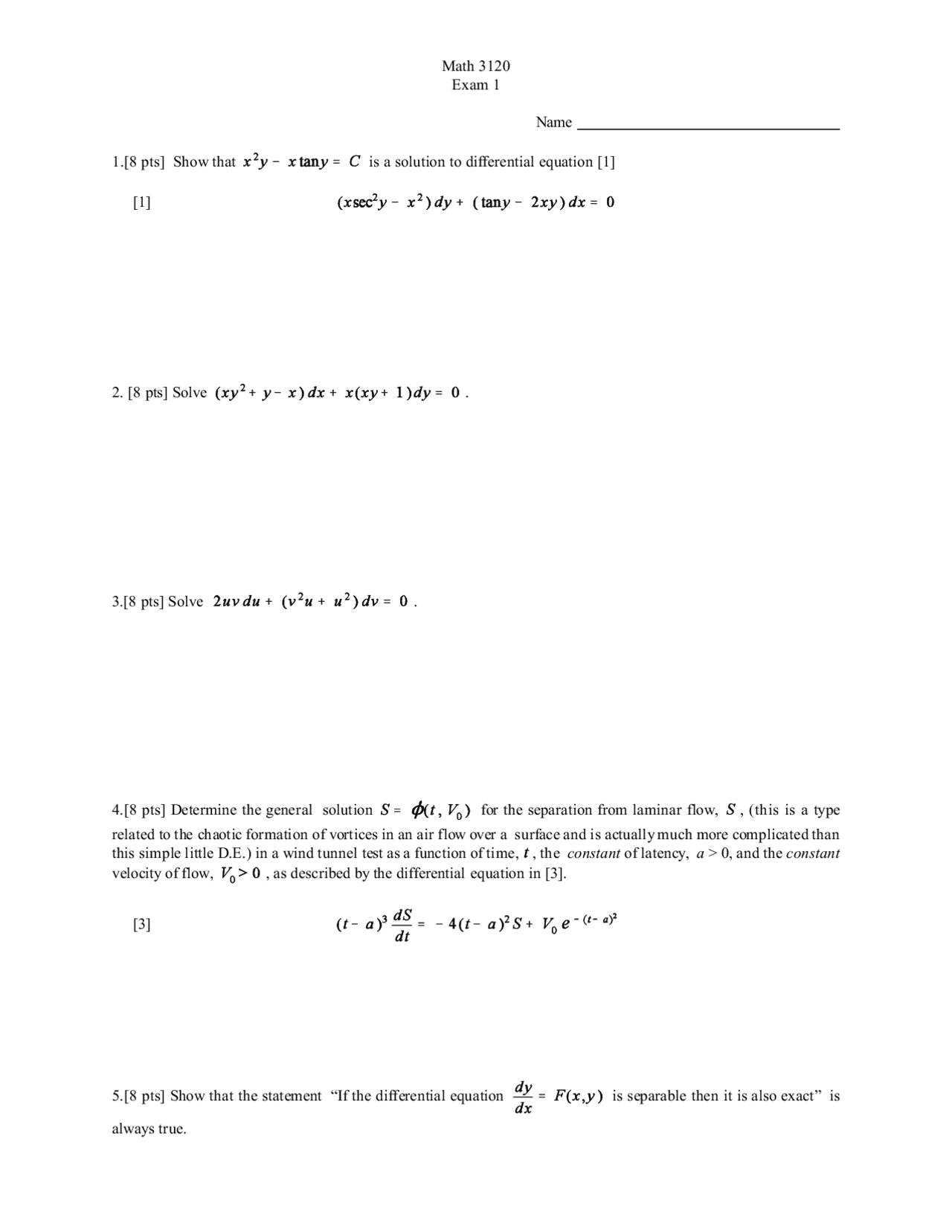 Solved Questions In Exam 1 Differential Equations Math 3120 Docsity