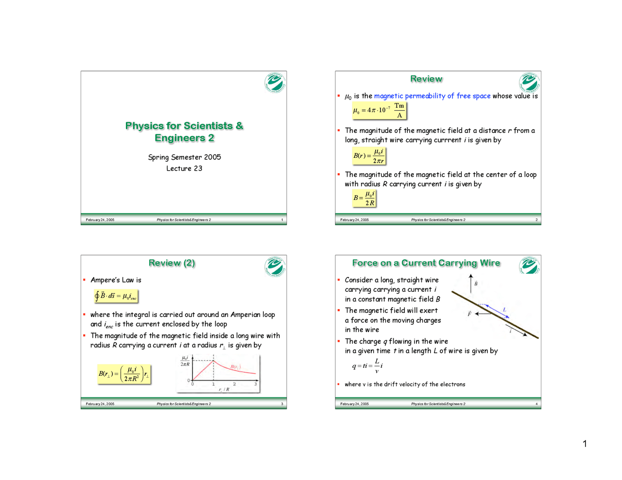 Force on Current Carrying Wire - Physics Scientists and Engineers II | PHY 184 - Docsity