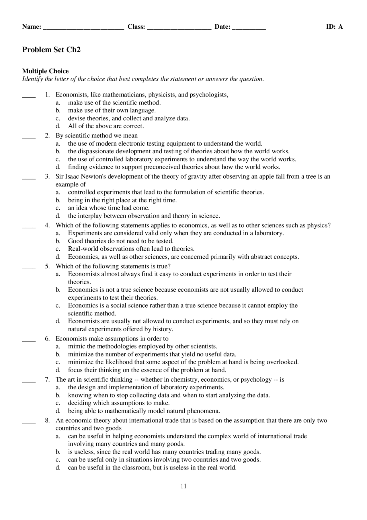 Problem Set 2 With Answer Sheet Principles Of Microeconomics Econ 2010 Assignments