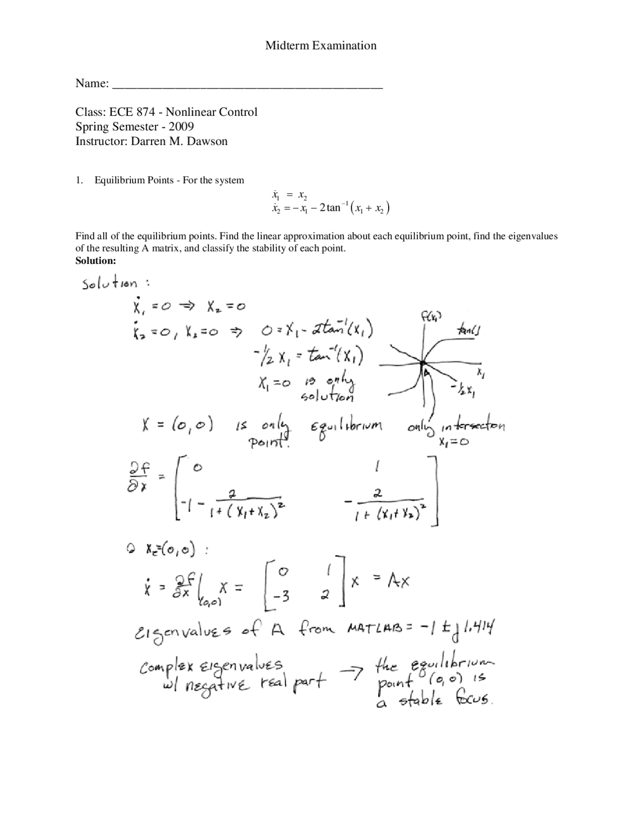 Midterm Exam With Solution Advanced Nonlinear Control Strategy E C