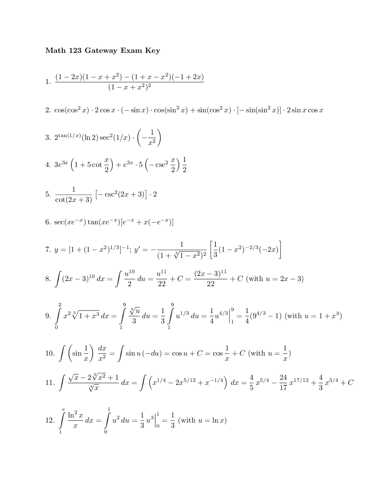 Final Gateway Exam Key Of Calculus Ii Math 1230 Docsity