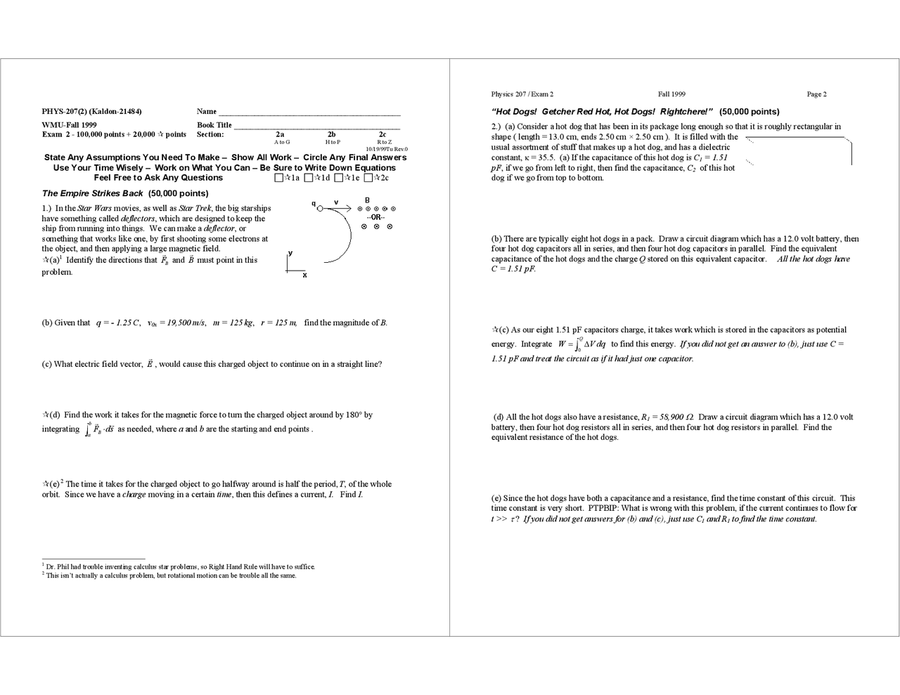 University Physics II - Old Exam 1999 | PHYS 2070 - Docsity