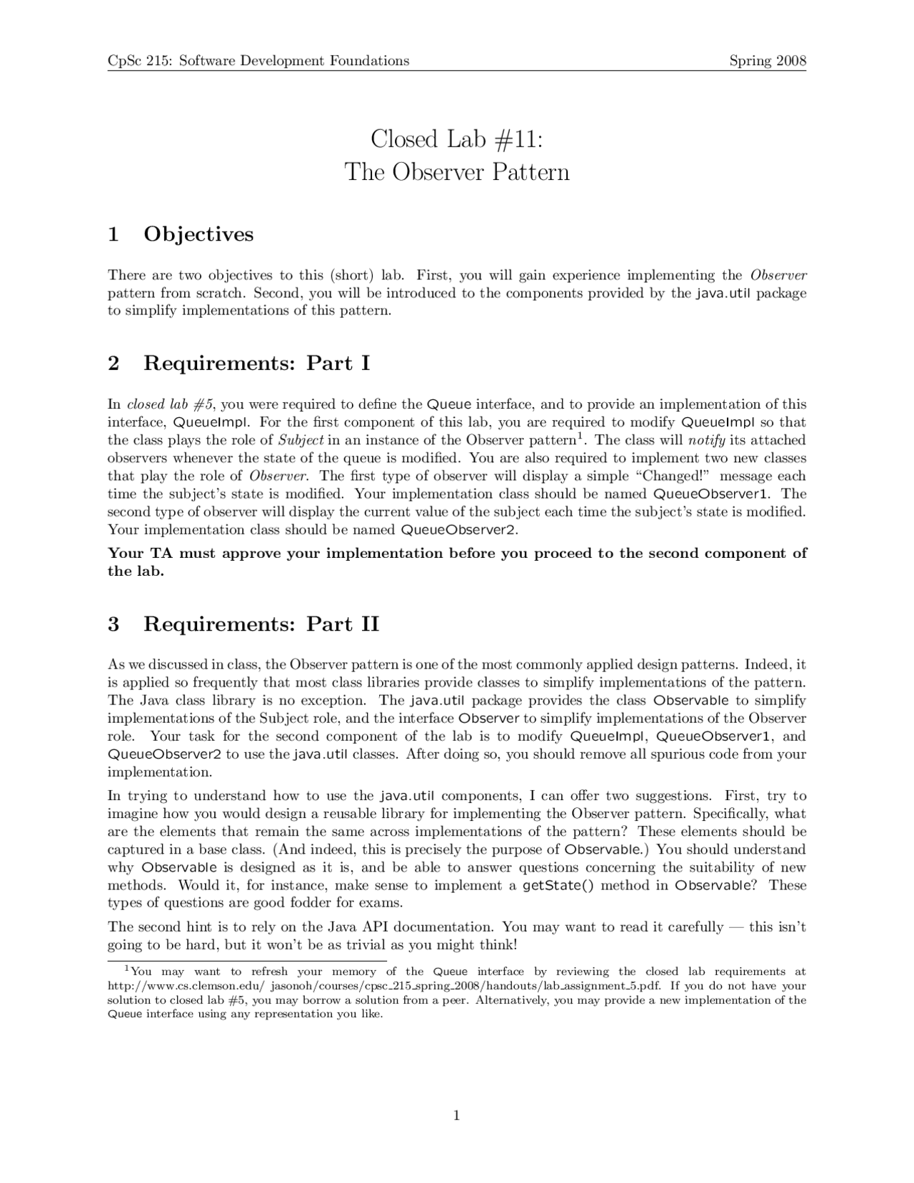 The Observation Pattern Lab 11 Cp Sc 215 Docsity