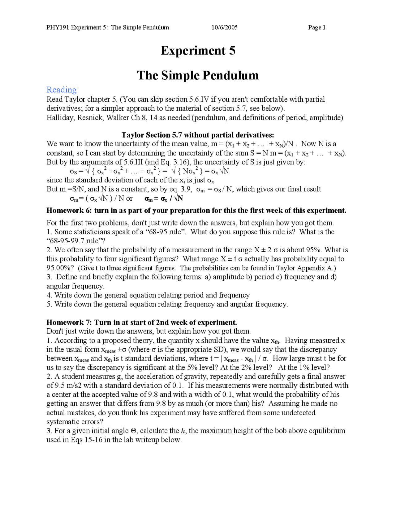 Experiment 5 The Simple Pendulum Phy 191 Docsity