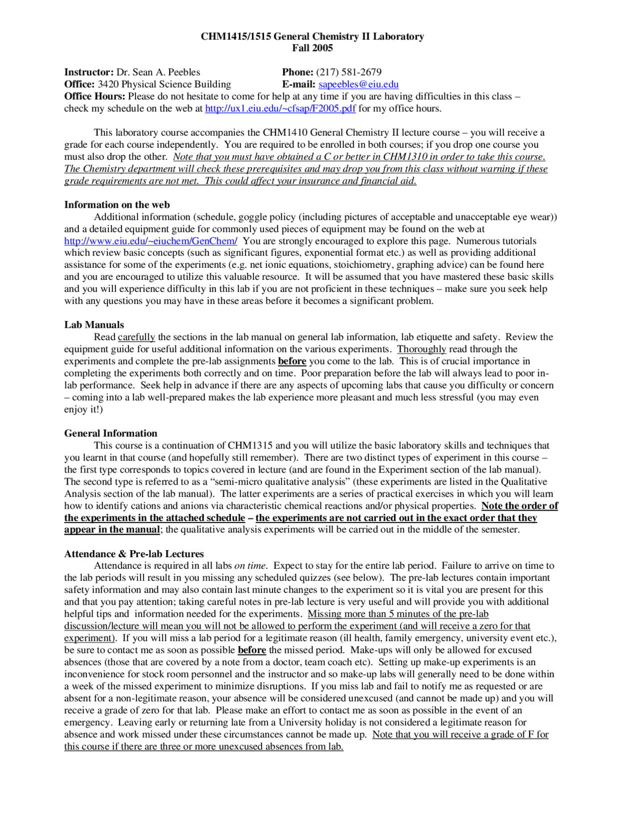 Information On Web General Chemistry Laboratory Ii Chm 1415 Docsity