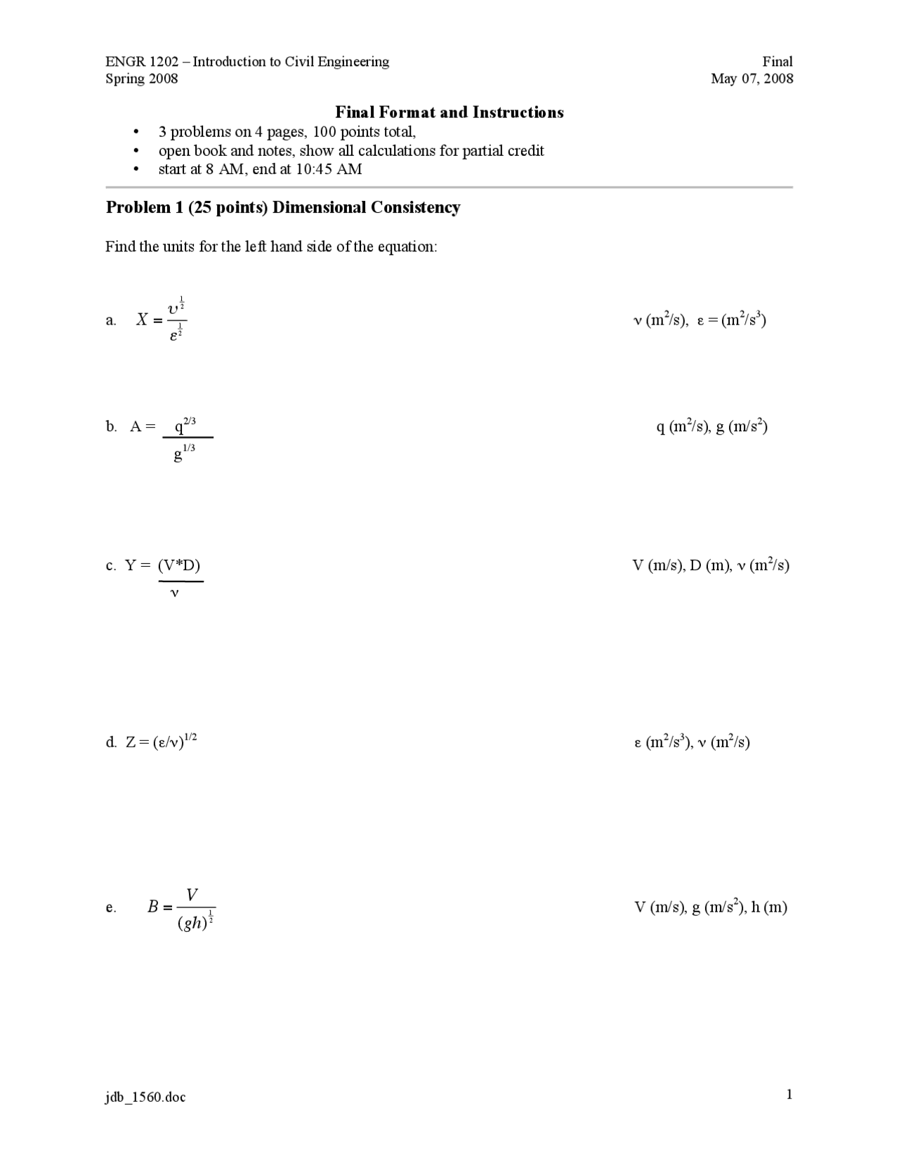 Introduction to Civil Engineering - Final Format and Instruction | ENGR 1202 | Exams Engineering ...