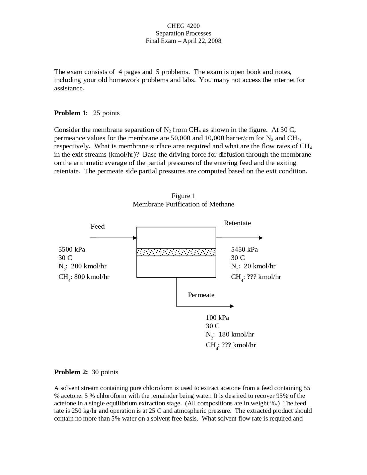 Solved Problems for Final Exam - Separation Processes | CHEG 4200 - Docsity