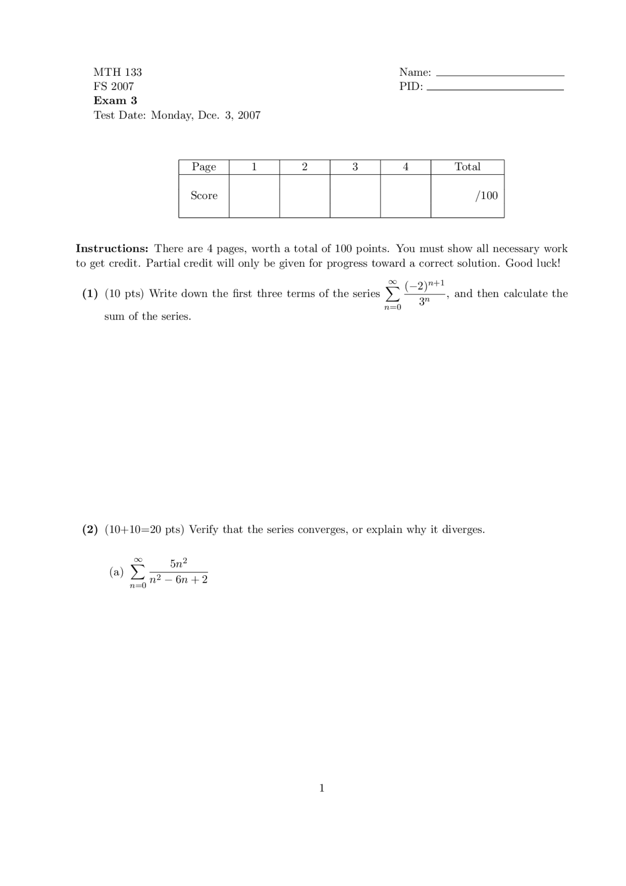 Calculus Ii Helpful Exercises For Exam Mth 133 Docsity