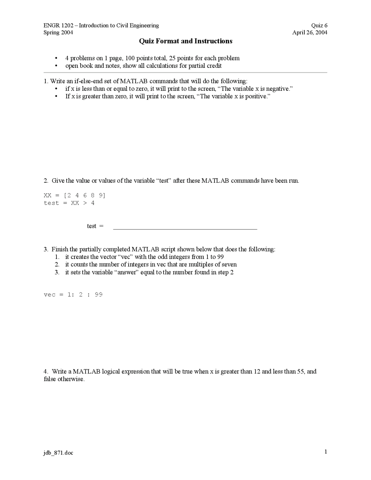 Format And Instructions Quiz 6 Introduction To Civil Engineering