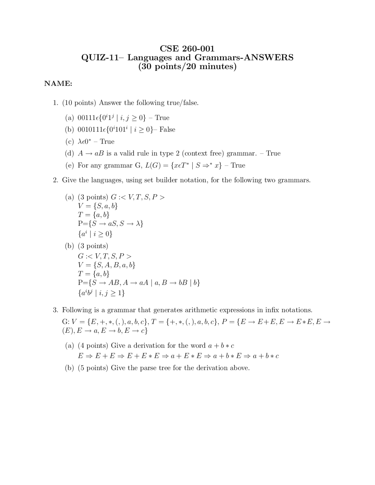 Quiz Answers for CSE 260-001: Languages and Grammars - Prof. Sakti Pramanik | Quizzes Discrete ...