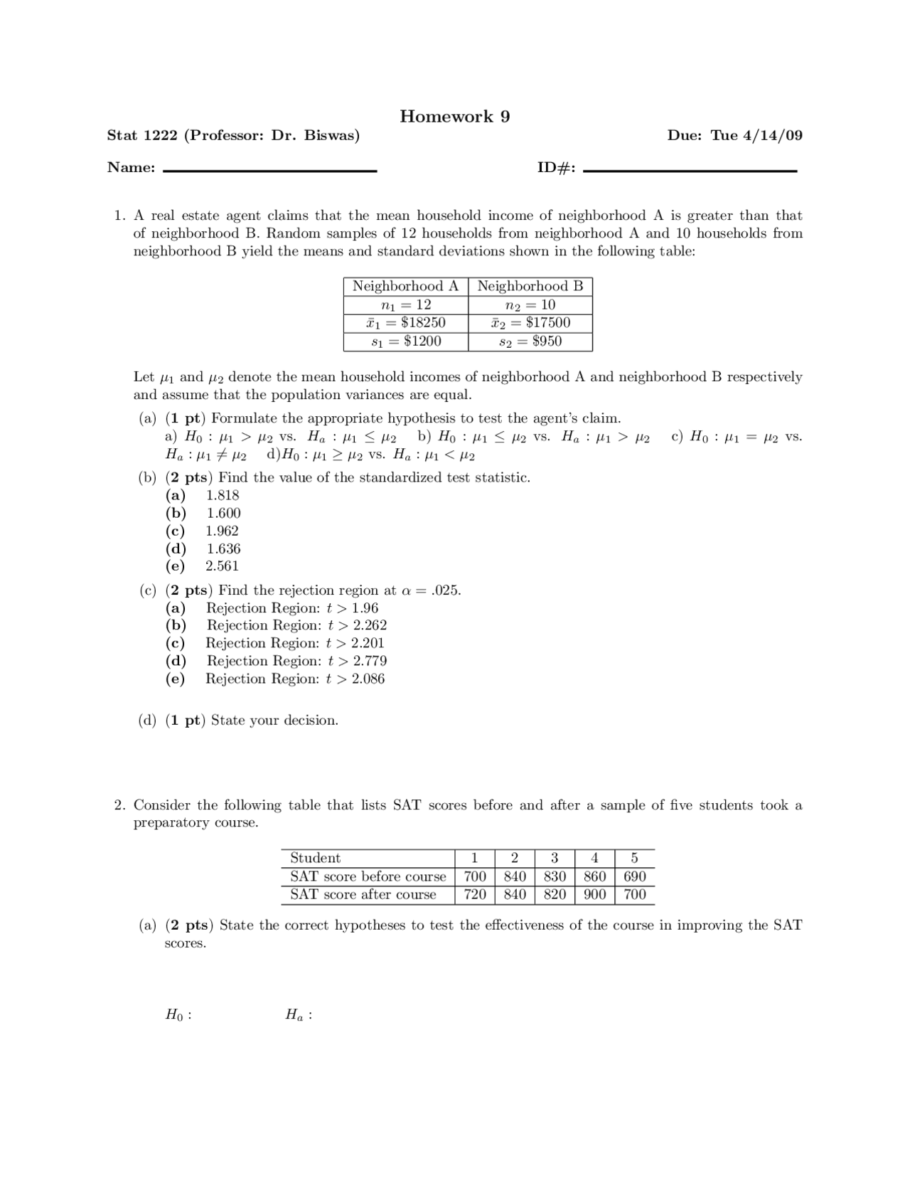Homework 9 For Introduction To Statistics Stat 1222 Docsity