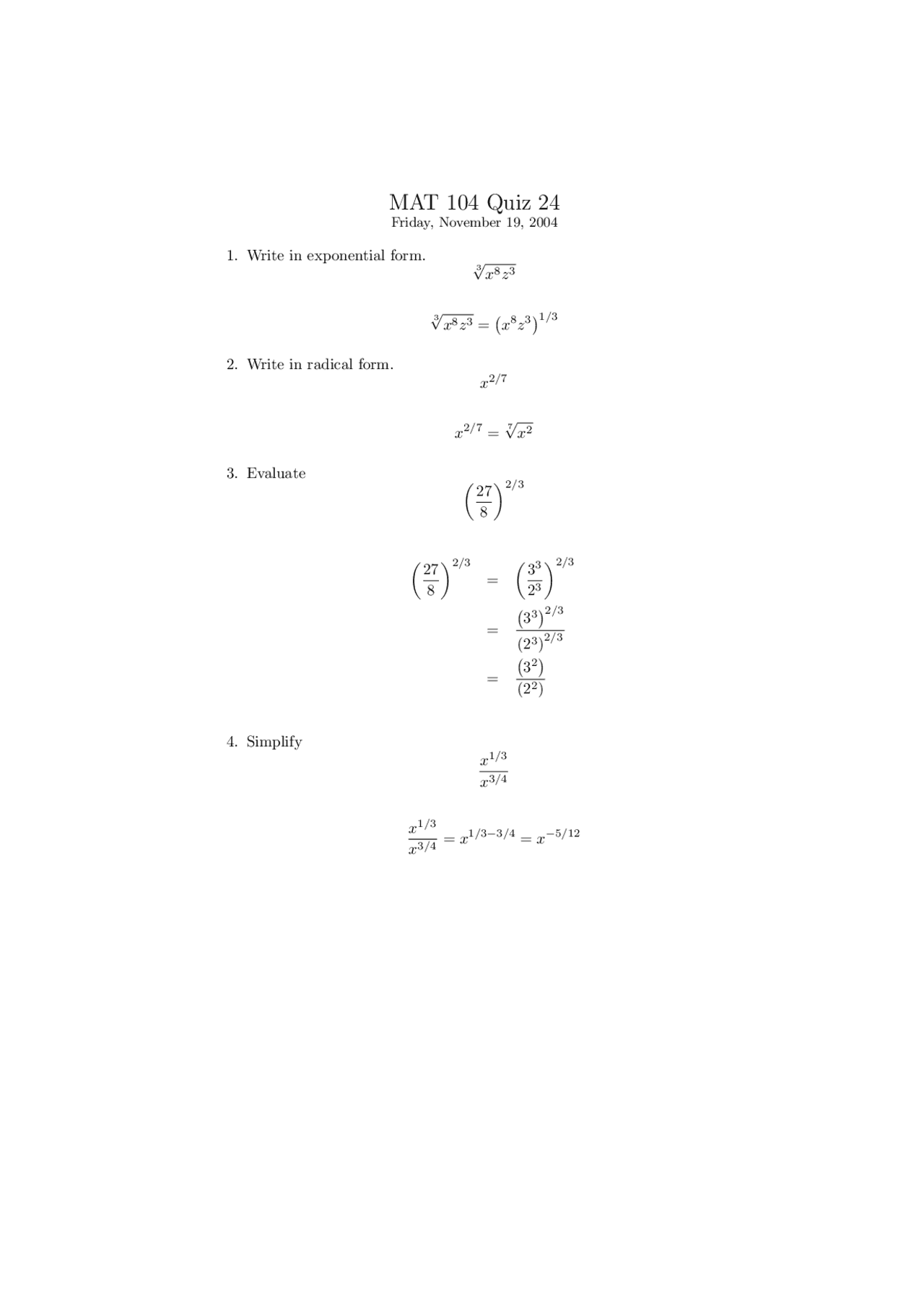 MAT 104 Quiz 24: Solutions for Exponential and Radical Expressions ...