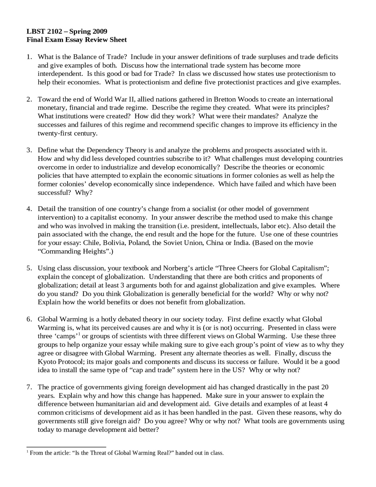 Global Connections - Final Exam Review Sheet | LBST 2102 - Docsity