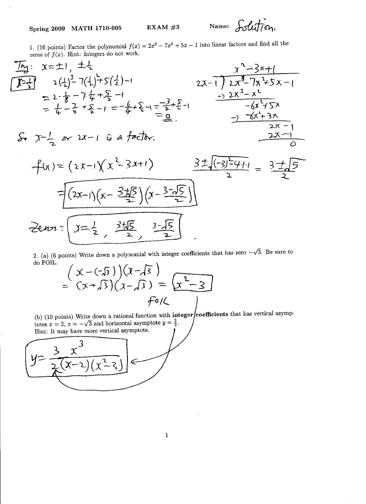 Exam 3 Solution | College Algebra | MATH 1710 | Exams Pre-Calculus ...