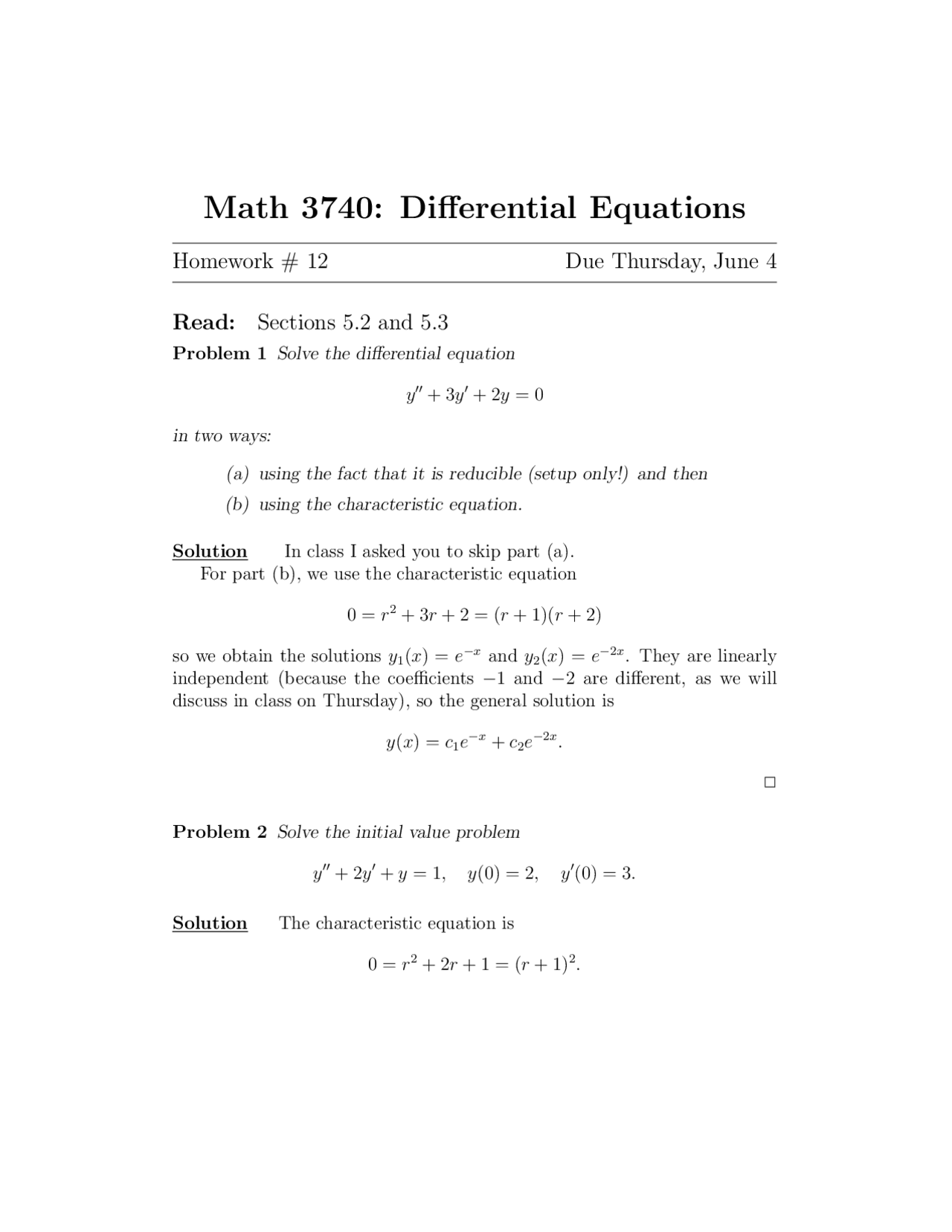 Homework 2 Solutions Differential Equations And Linear Algebra Math