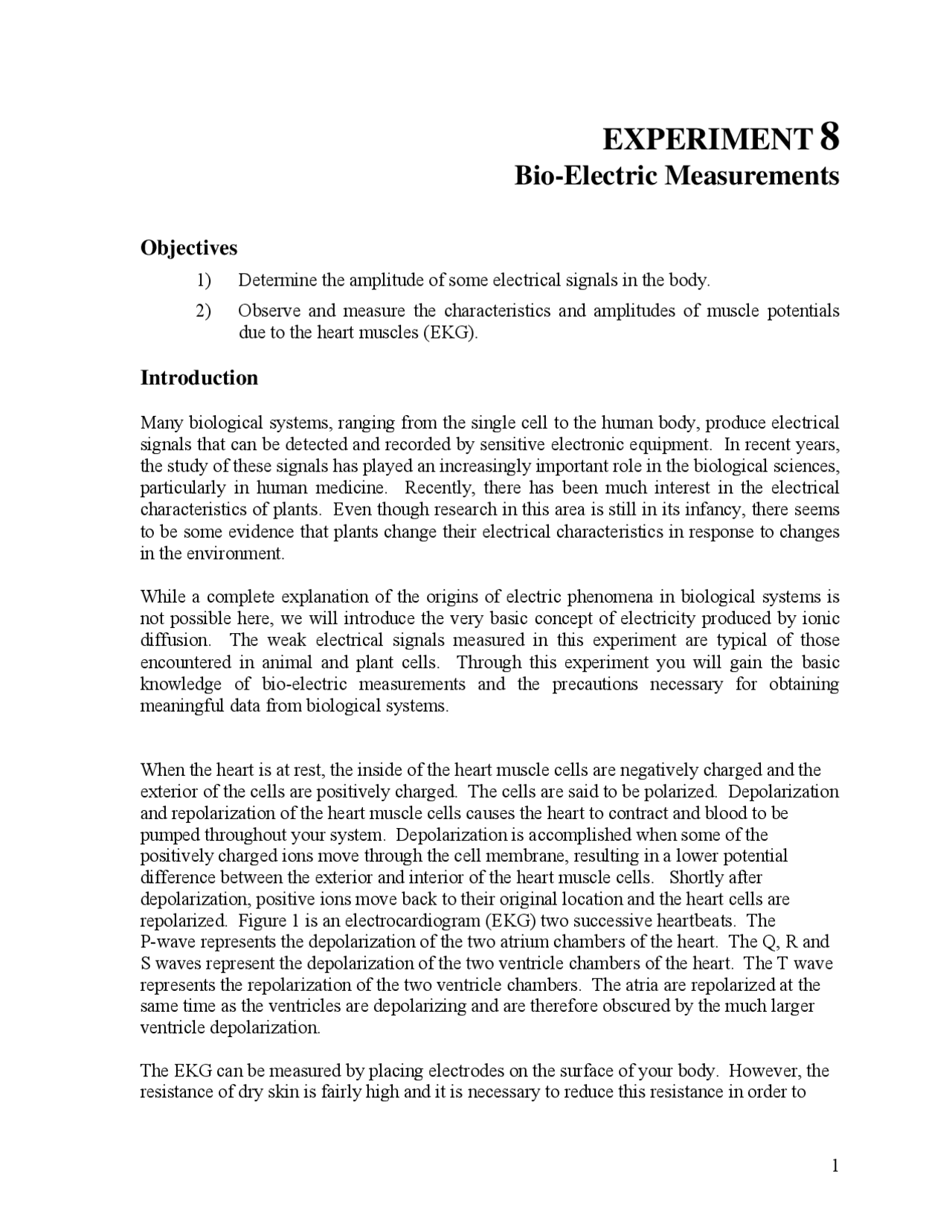 Bio Electric Measurements Experiment 8 Phy 252 Docsity
