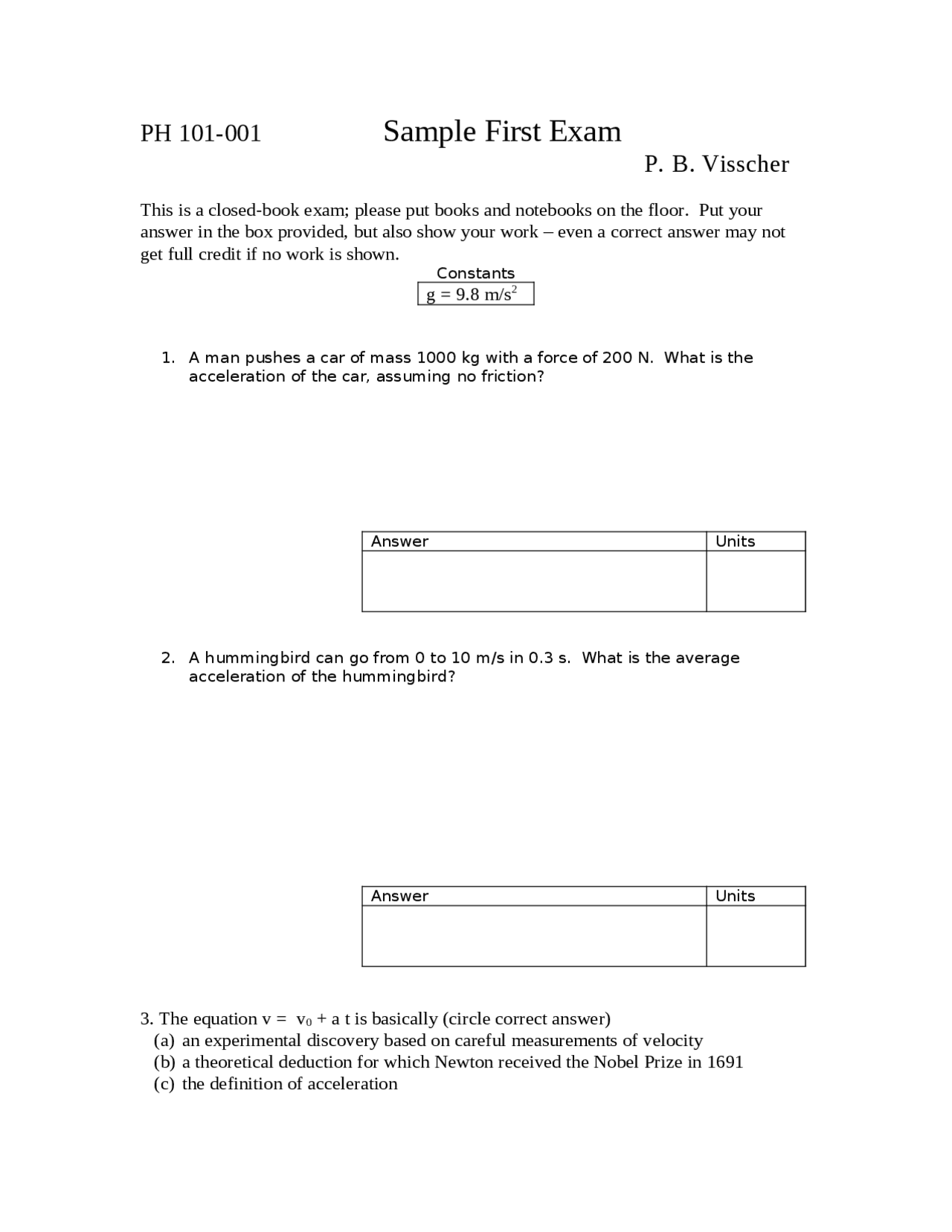 9 Questions On General Physics I Sample Exam 1 Ph 101 Docsity