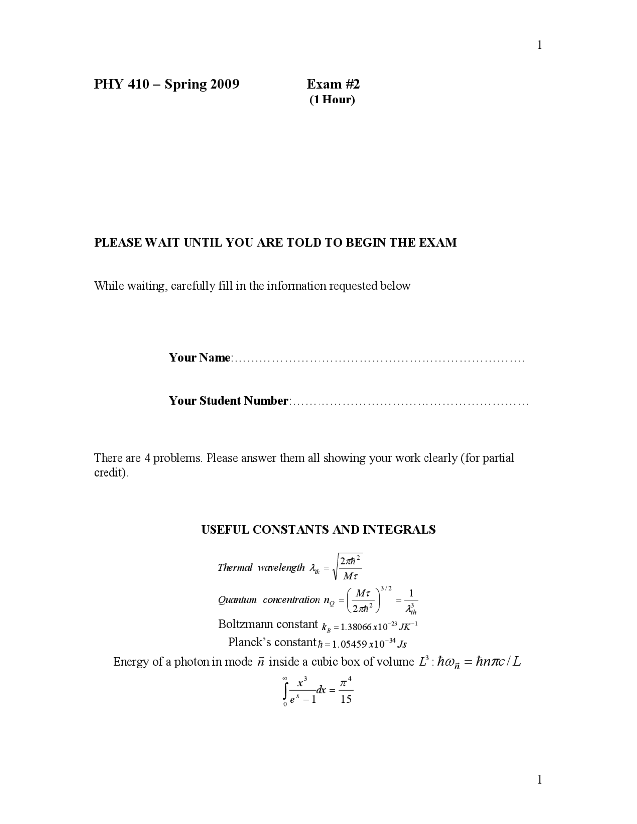 Exam 2 Problems With Answer Thermal And Statistical Physics Phy 410