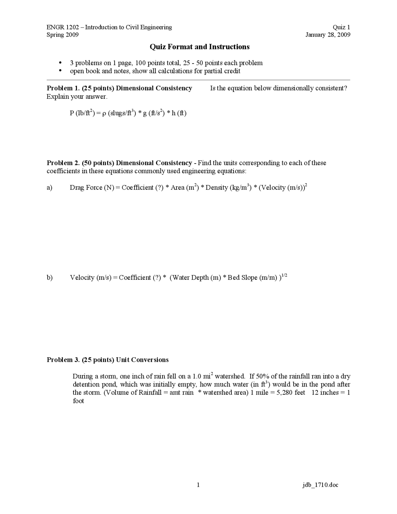 Dimensional Consistency - Quiz 1 - Introduction to Civil Engineering | ENGR 1202 - Docsity