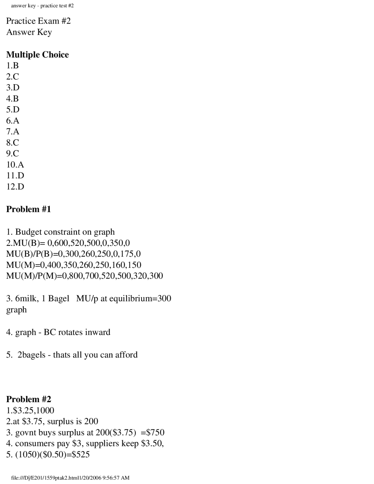 Practice Exam 2 With Answer Key Principles Of Microeconomics Econ