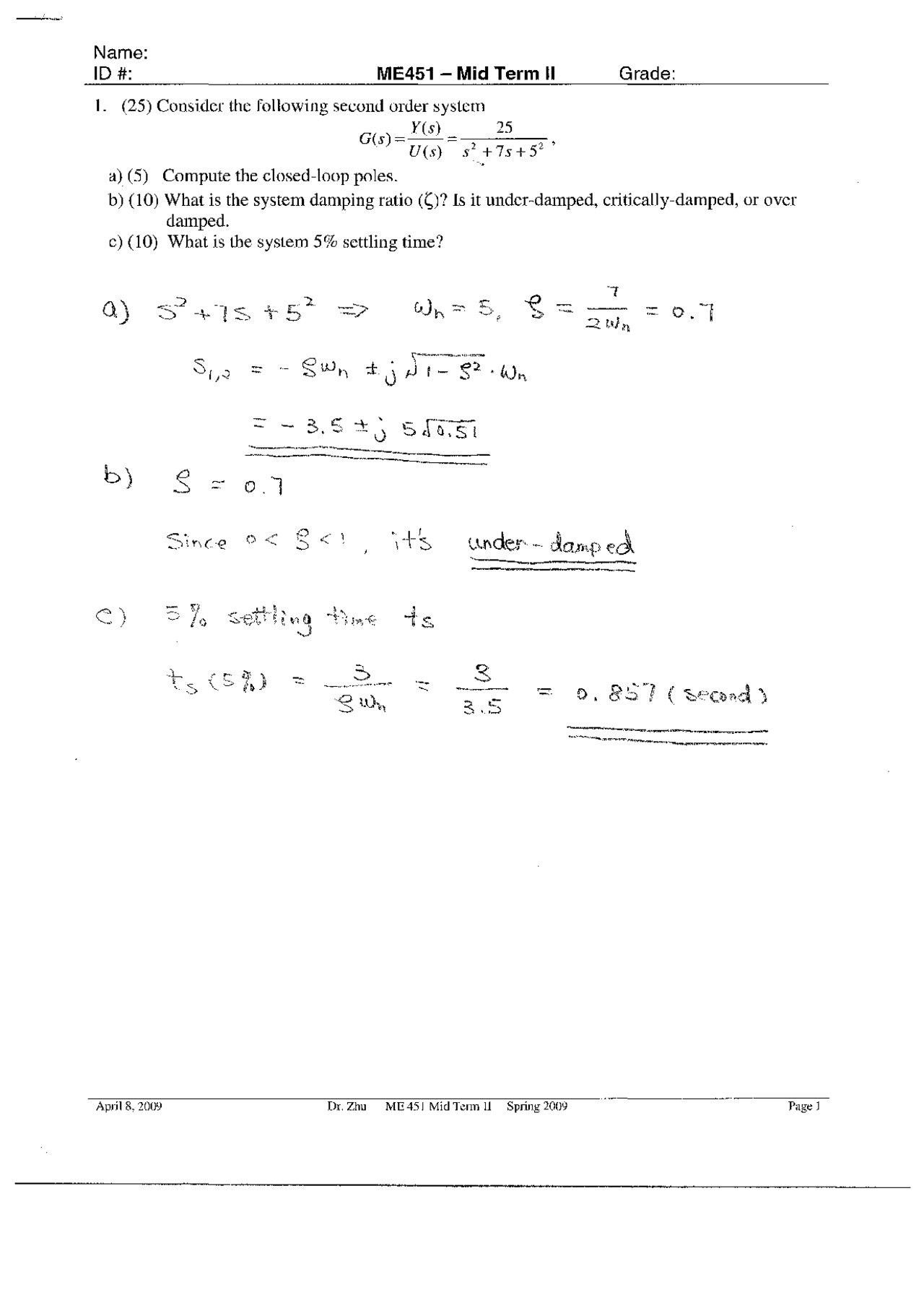 Midterm Exam 2 Solutions - Control Systems | ME 451 | Exams Control Systems | Docsity