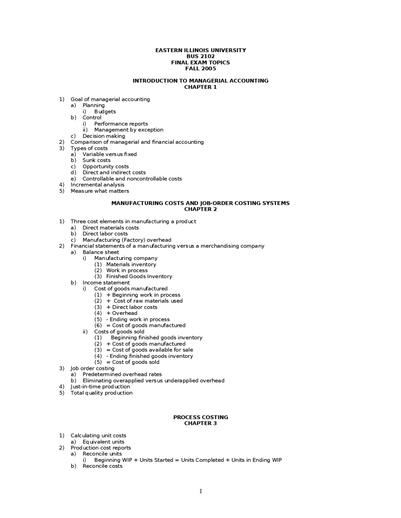 Final Exam Topics Managerial Accounting Bus 2102 Docsity
