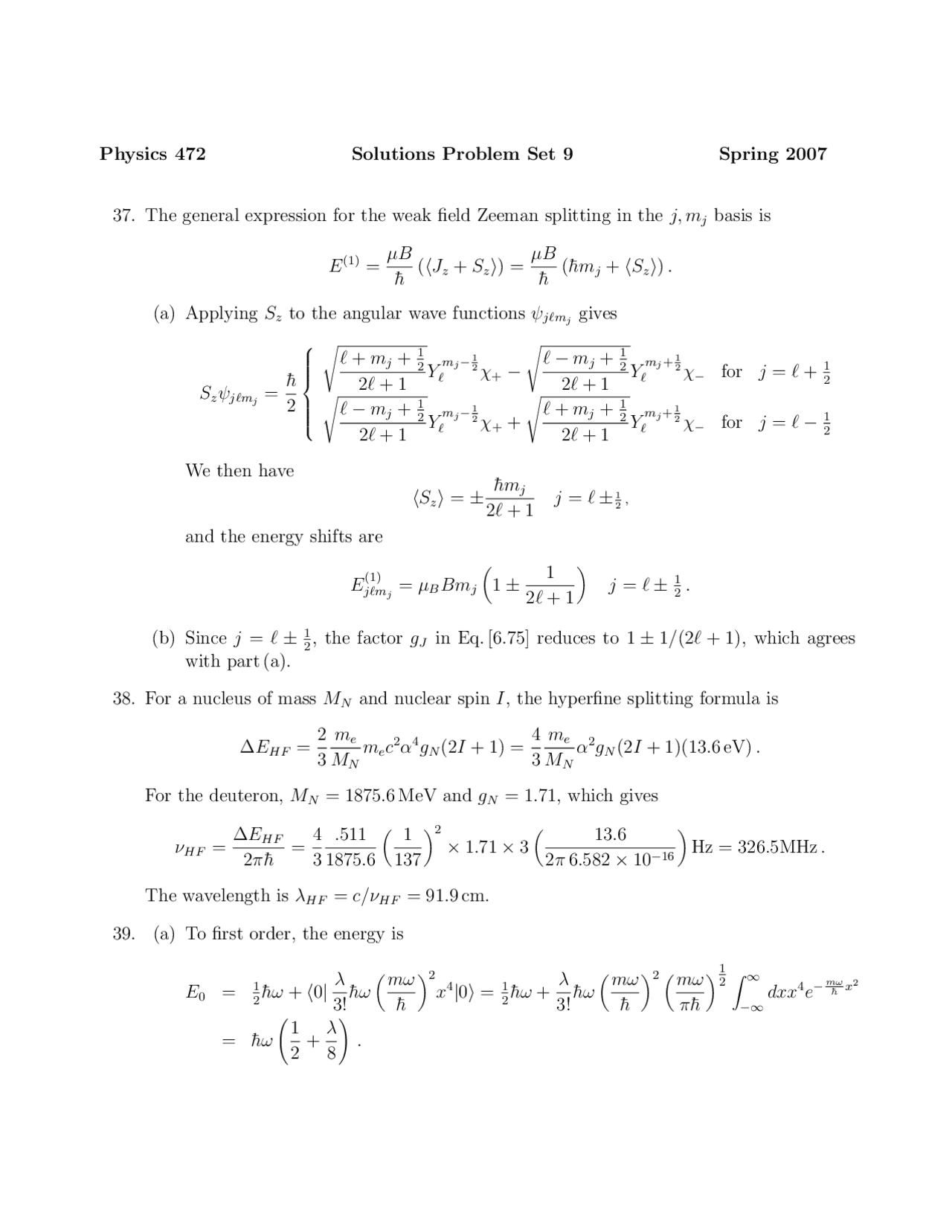Quantum Physics I Solved Problem Set 9 Phy 472 Docsity