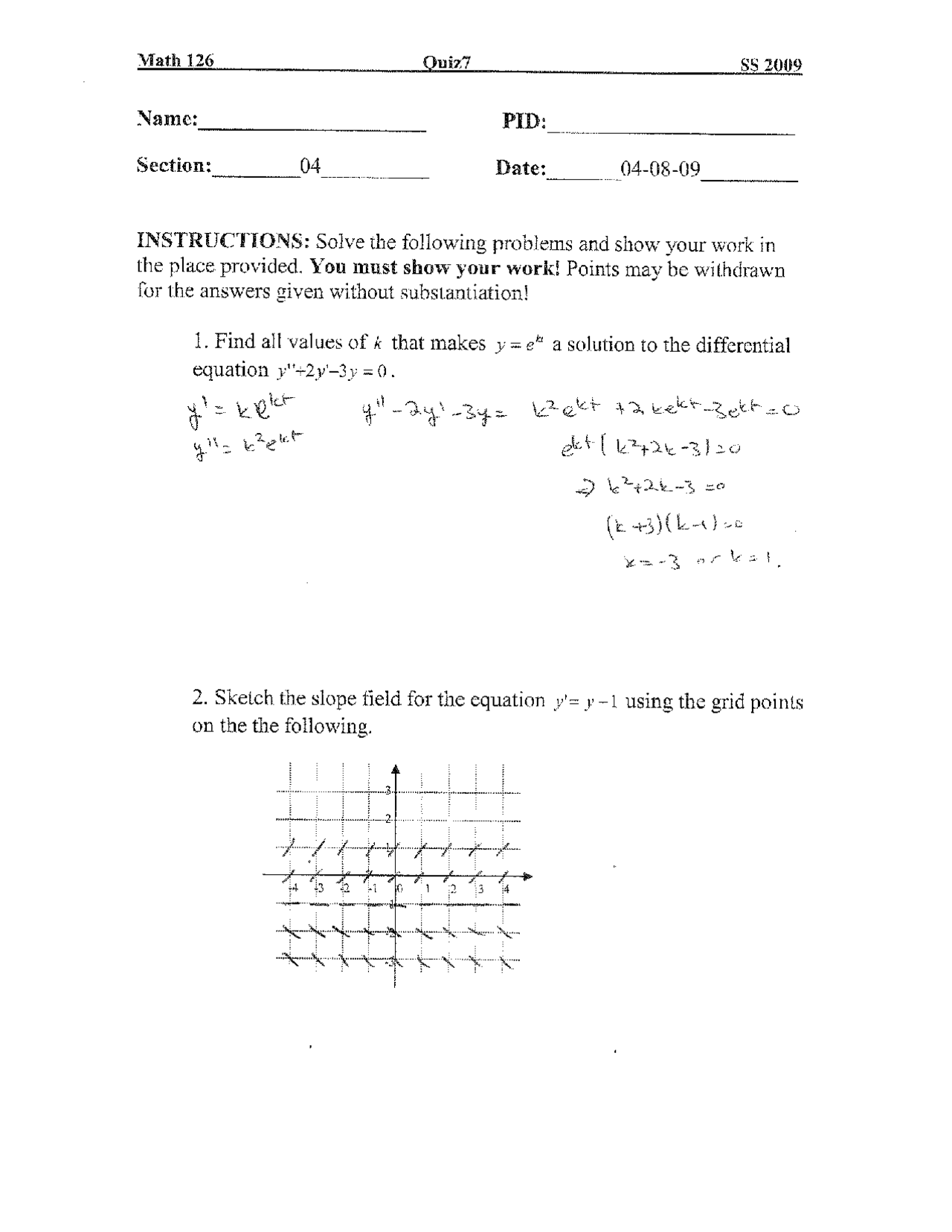 Solutions to Quiz 7 - Survey of Calculus II | MTH 126 | Quizzes Calculus | Docsity