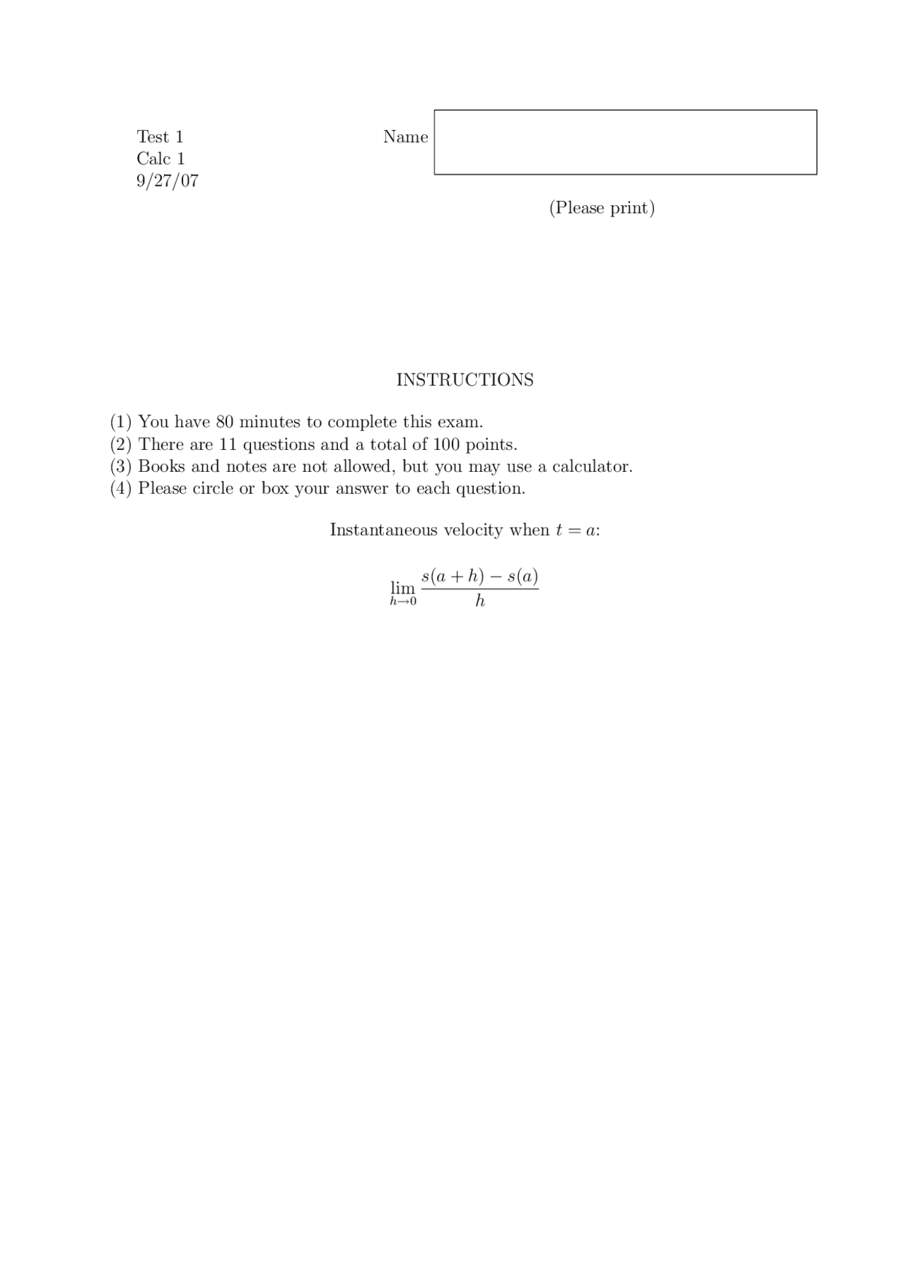 Exam On 4 Unsolved Tests Honors Calculus With Analytic Geometry 1
