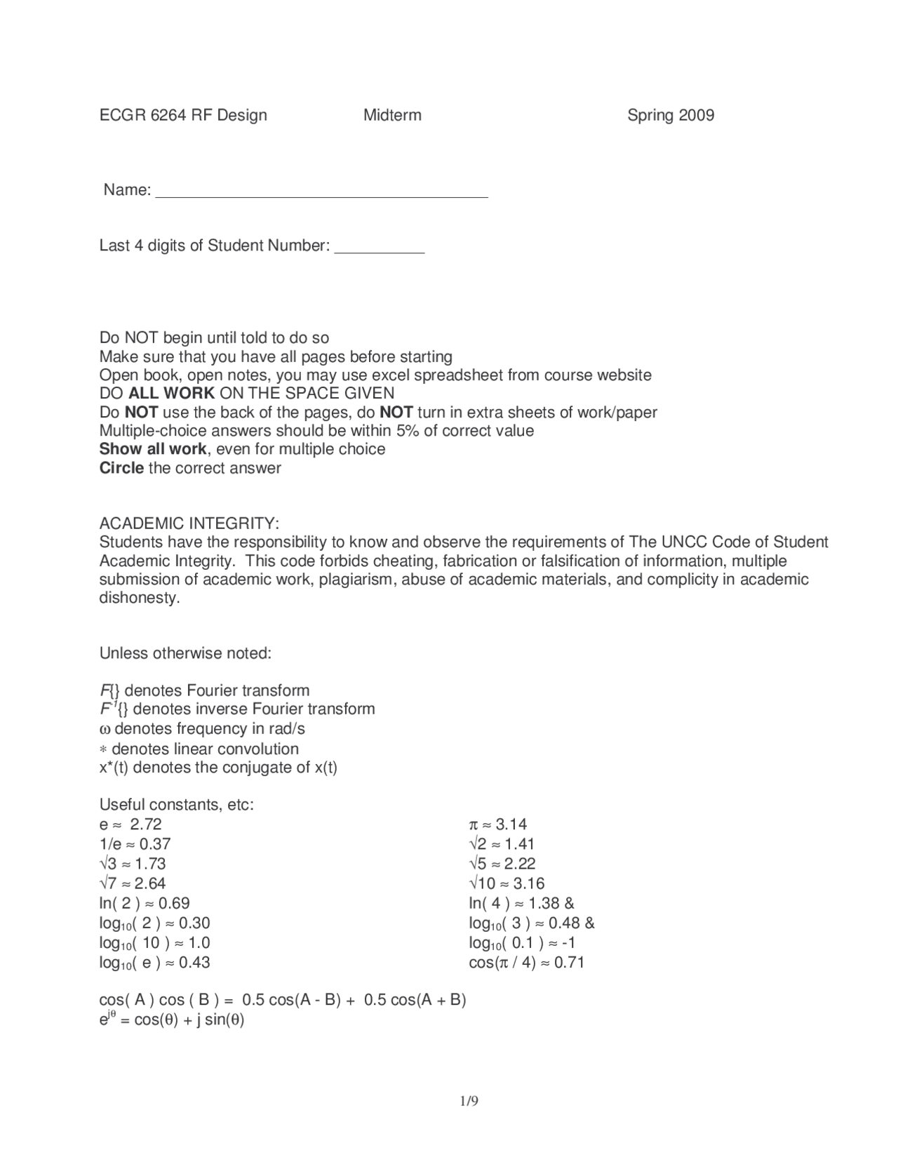 Questions On Radio Frequency Design For Midterm Exam Ecgr 6264 Docsity