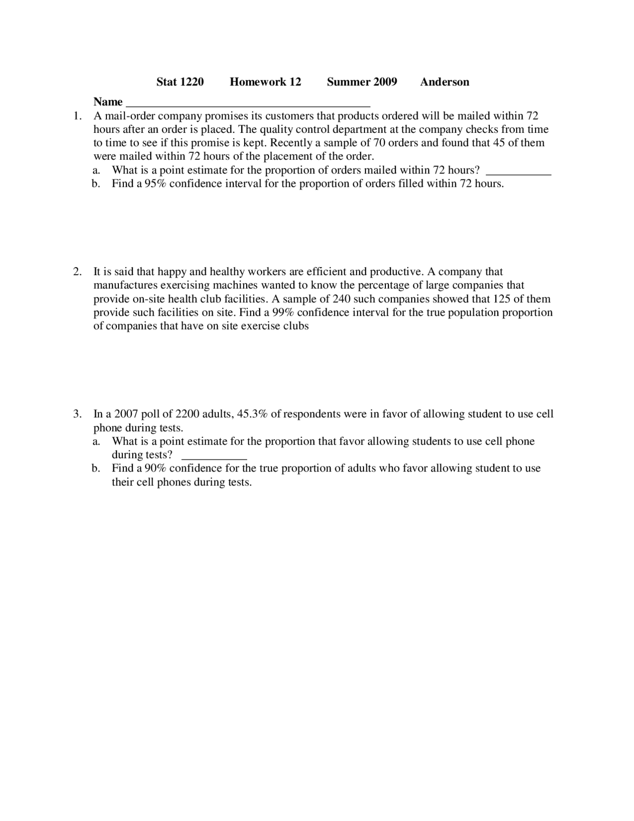 11 Questions Homework 12 Elements Of Statistics Stat 1220 Docsity