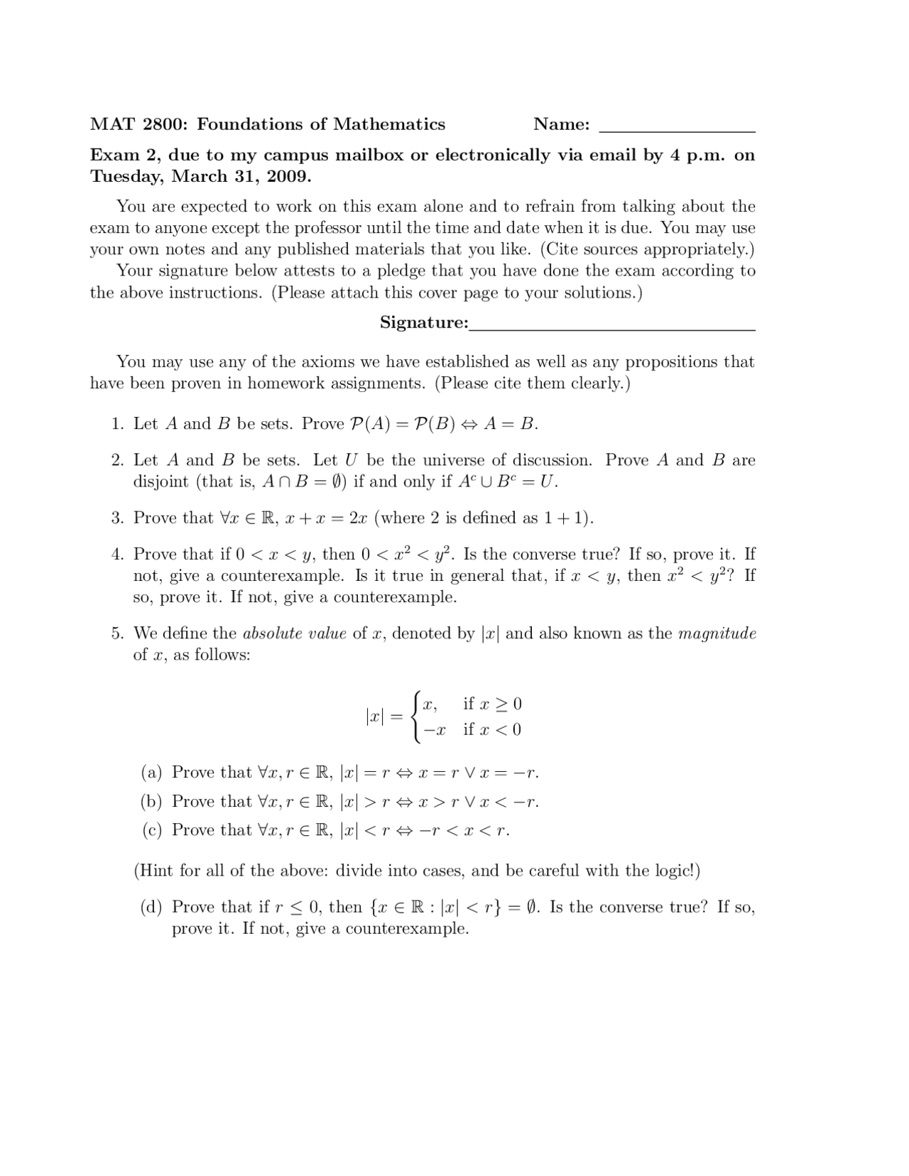 Exam 2 Questions for Foundation Mathematics | MAT 2800 - Docsity