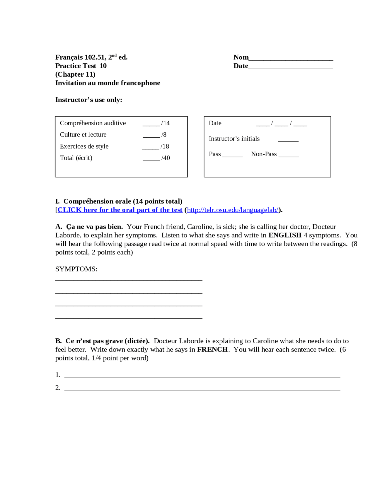 Exam 10 Questions Of Classroom Track French 102 Docsity