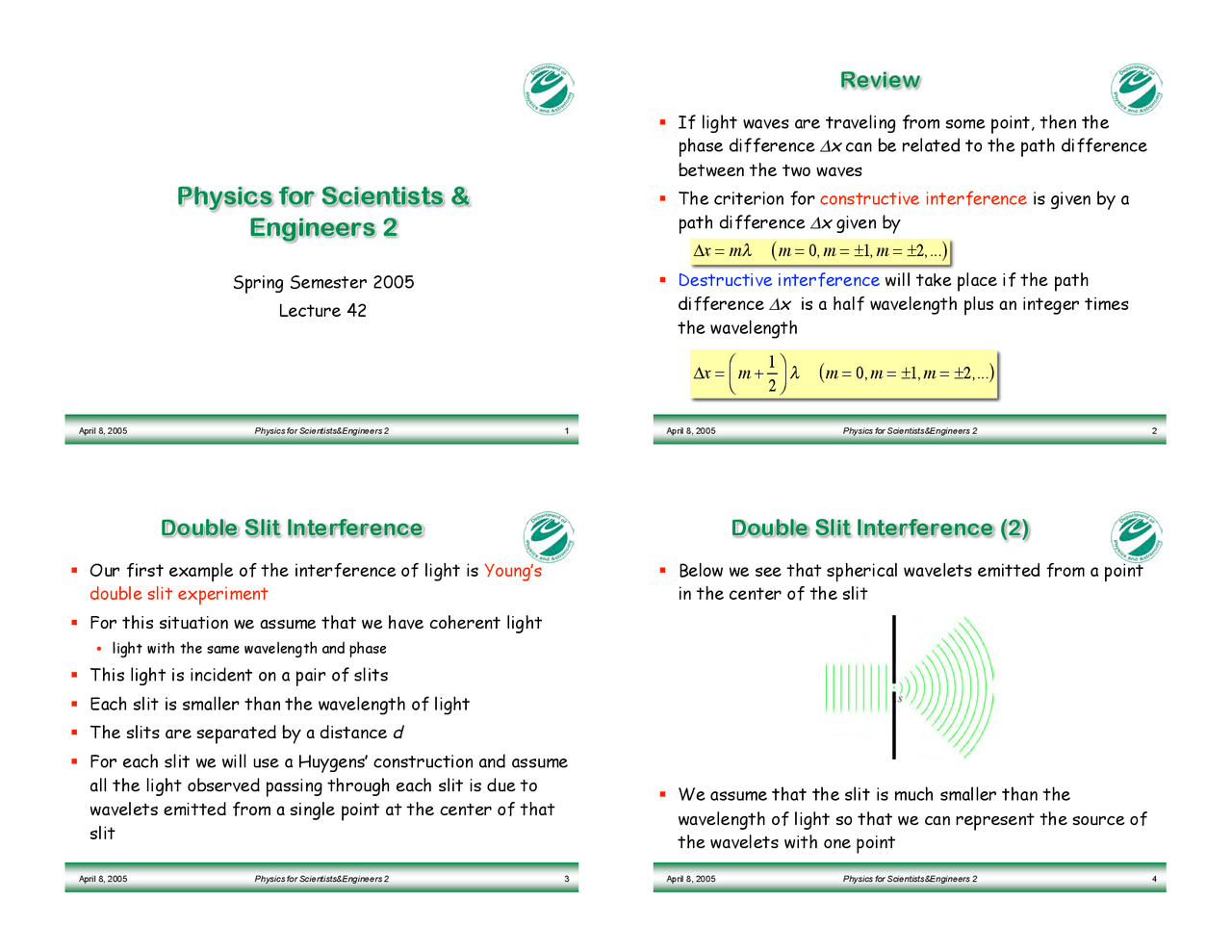 Lecture Slides On Double Slit Interference Phy 184 Docsity