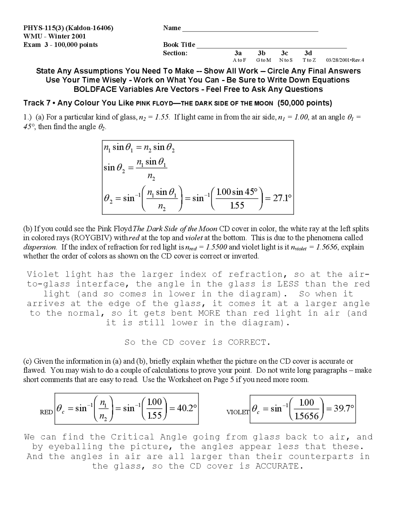 Physics Exam 3 - Winter 2001 (Phys-115) - Prof. Philip E. Kaldon | Exams Physics | Docsity