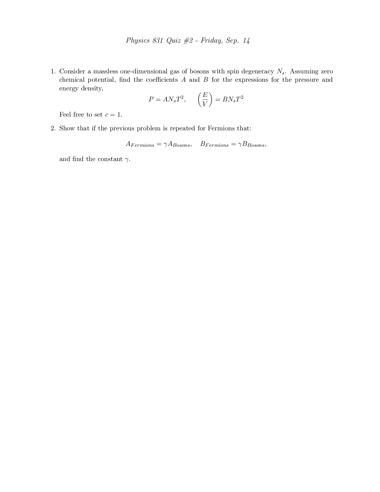 2 Problems in Quiz 2 on Statistical Mechanics | PHY 831 - Docsity