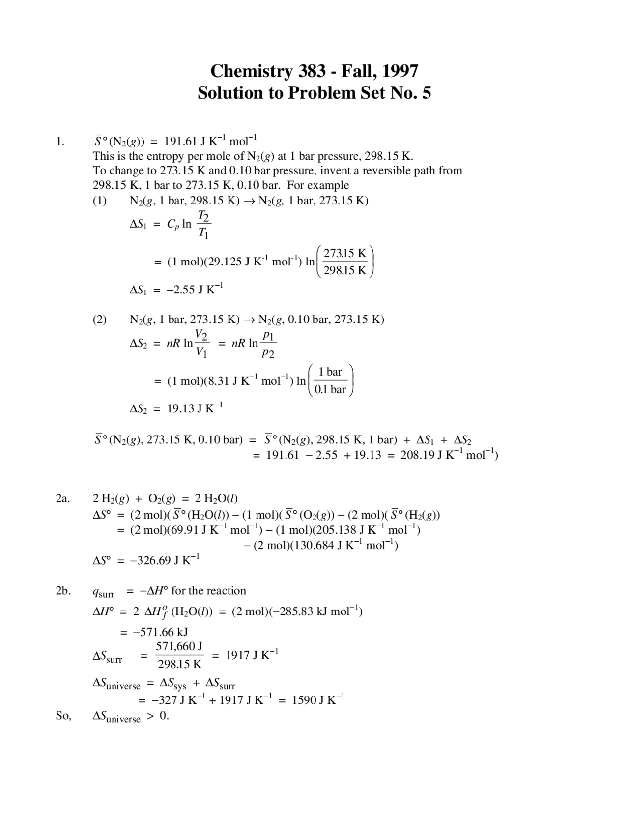 Solved Problem Set 5 Introduction Physical Chemistry I Cem 383