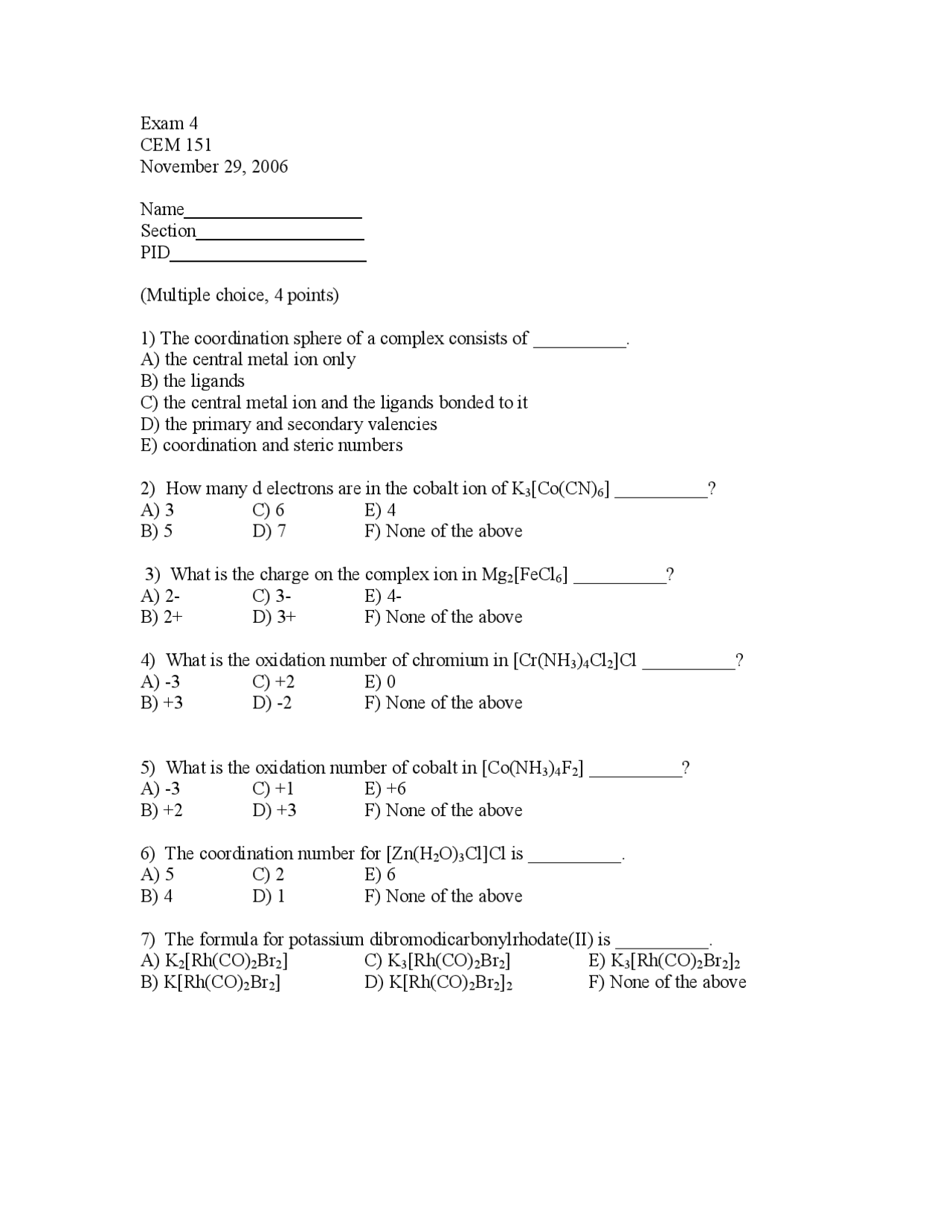Exam 4 Questions General Chemistry Cem 151 Docsity