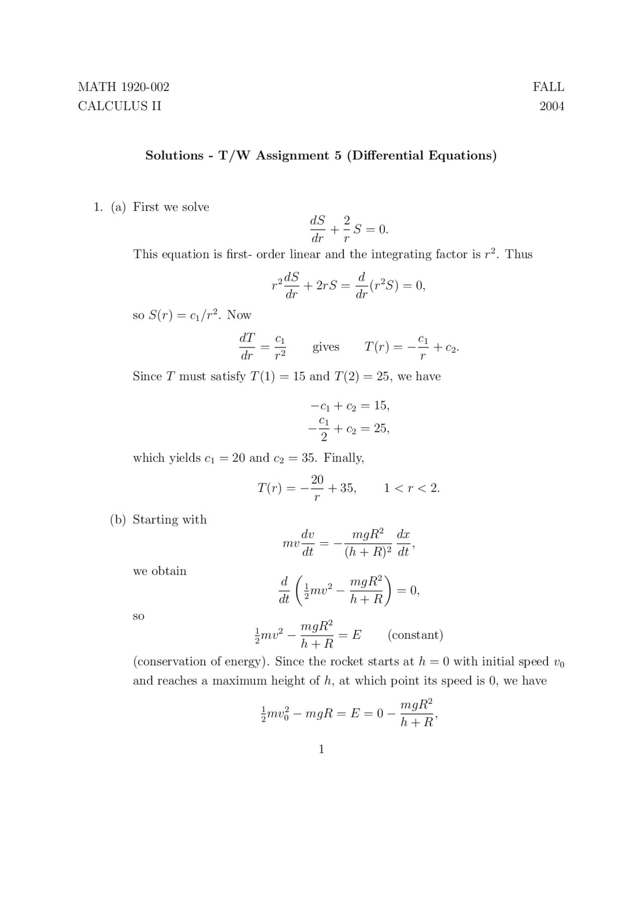 Resolution Of Assignment 5 On Differential Equations Math 1920 Docsity