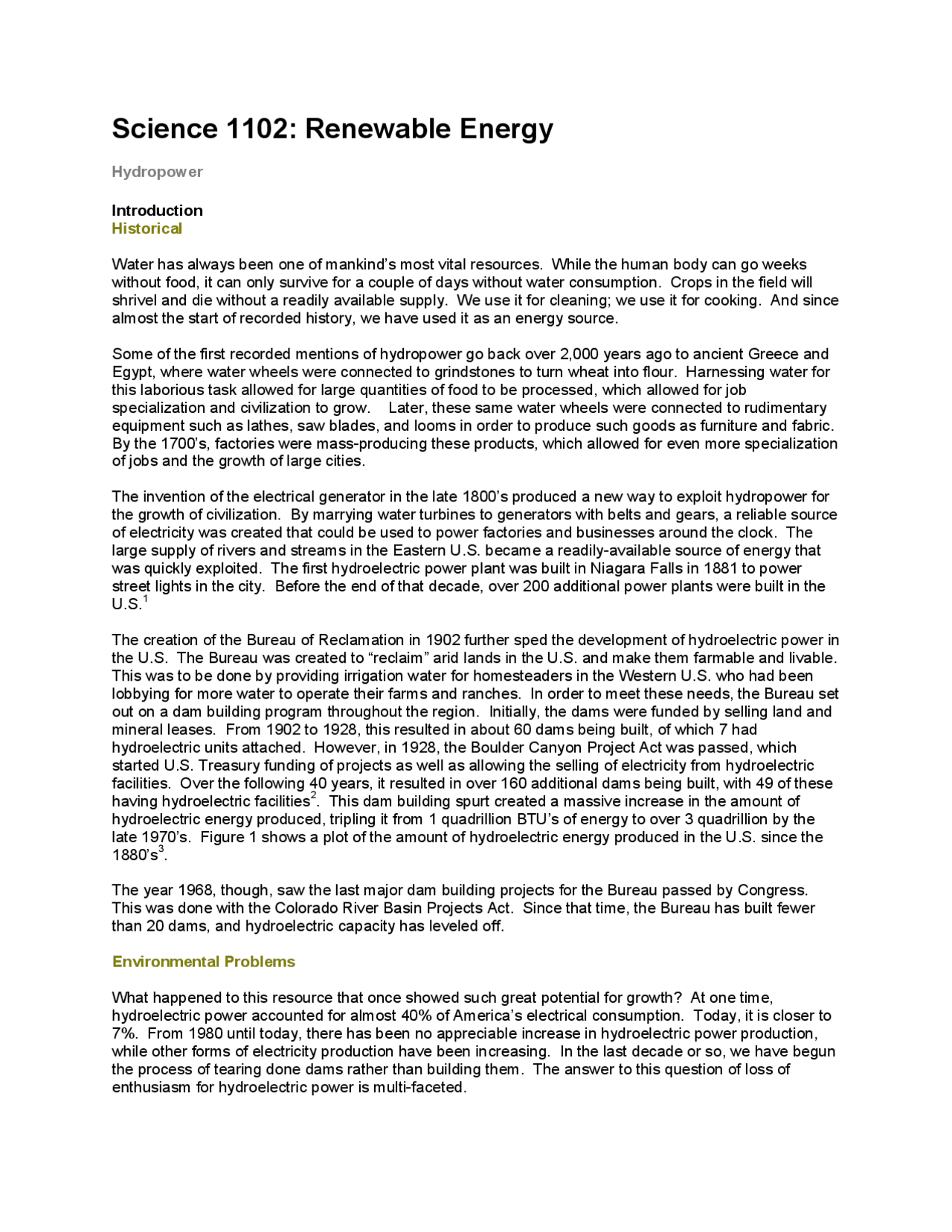Hydropower Lecture Notes Renewable Energy Phsc 1014 Docsity