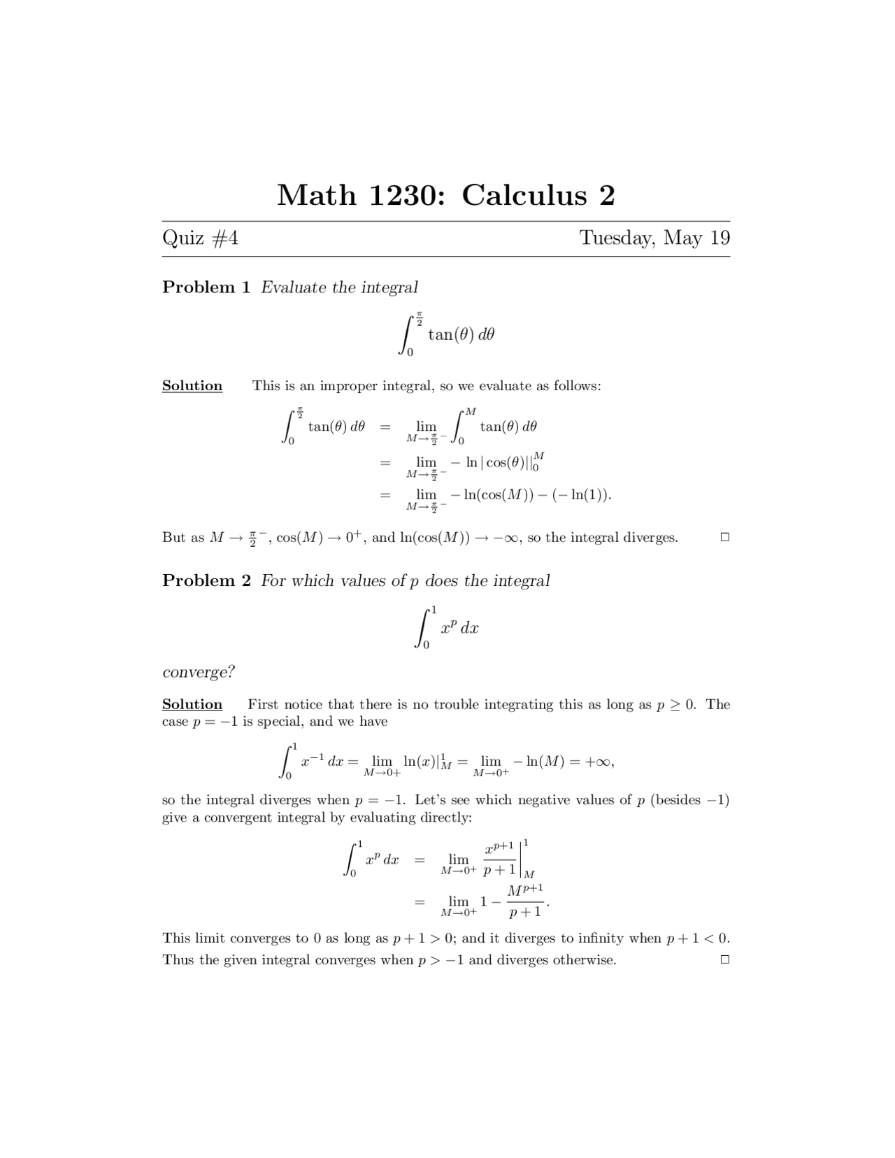 Quiz 4 To Evaluate Integrals Calculus Ii Math 1230 Docsity