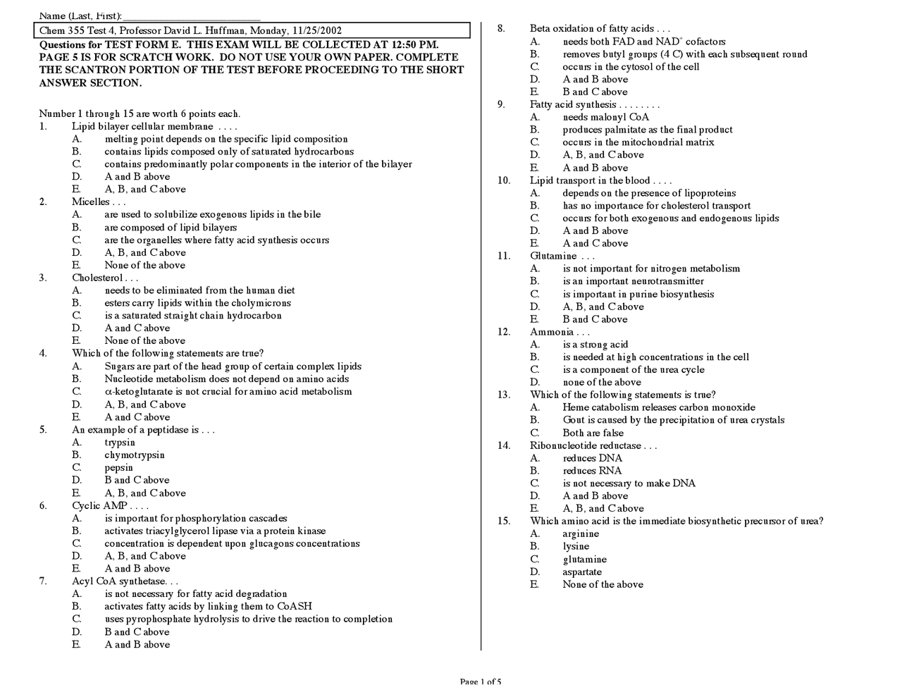 List Of Biochemistry Exercices To Fill Nov2002 Chem 3550 Docsity