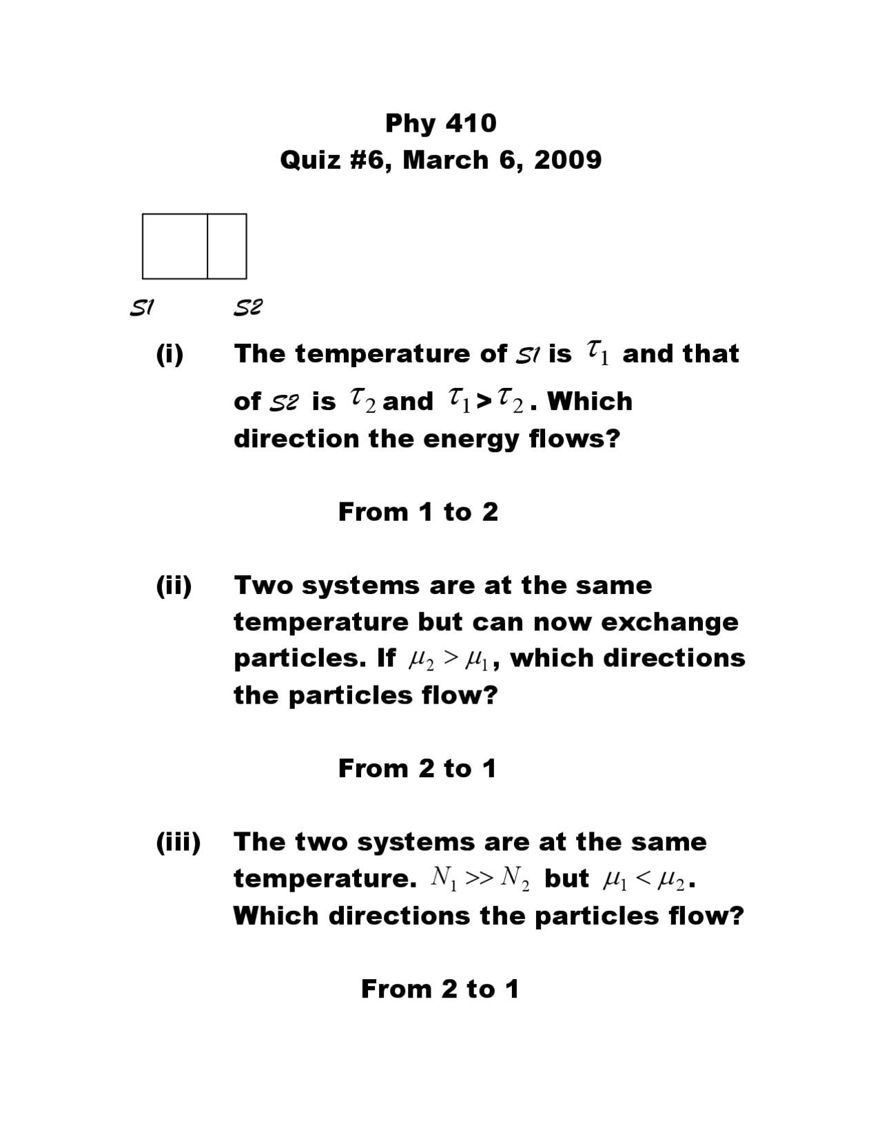Quiz 6 Questions Thermal And Statistical Physics Phy 410 Docsity