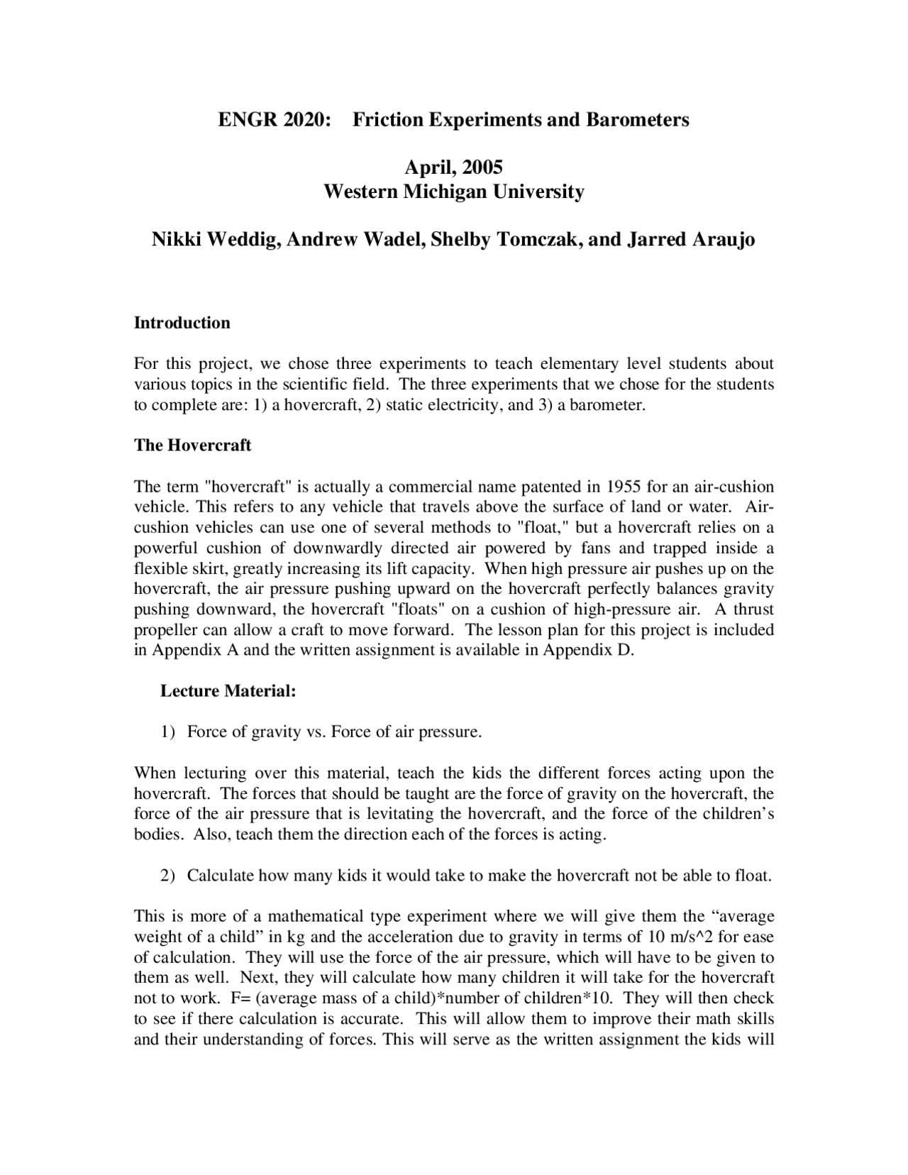 Friction Experiments And Barometers Project Engr 2020 Docsity