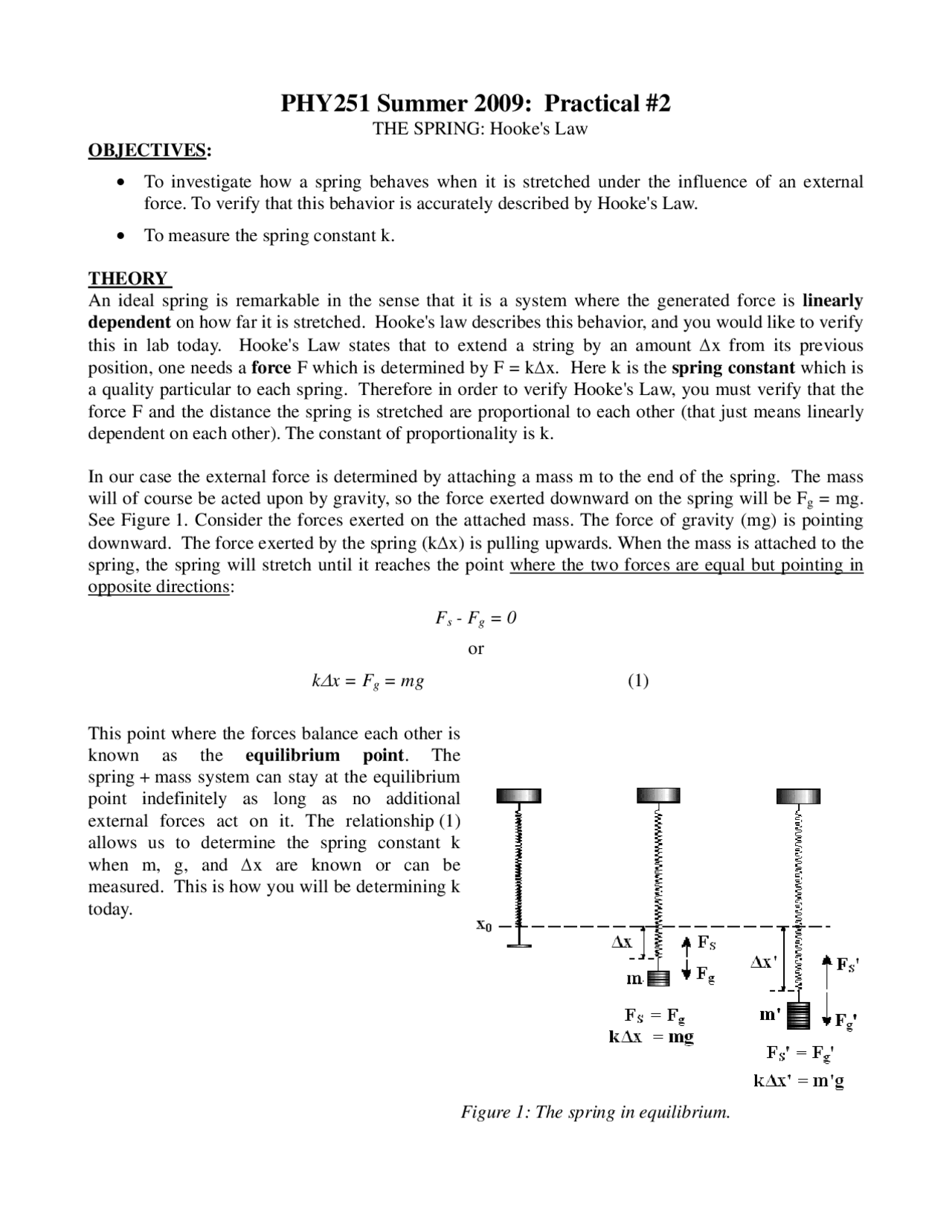The Spring Hookes Law Practical 2 Phy 251 Docsity