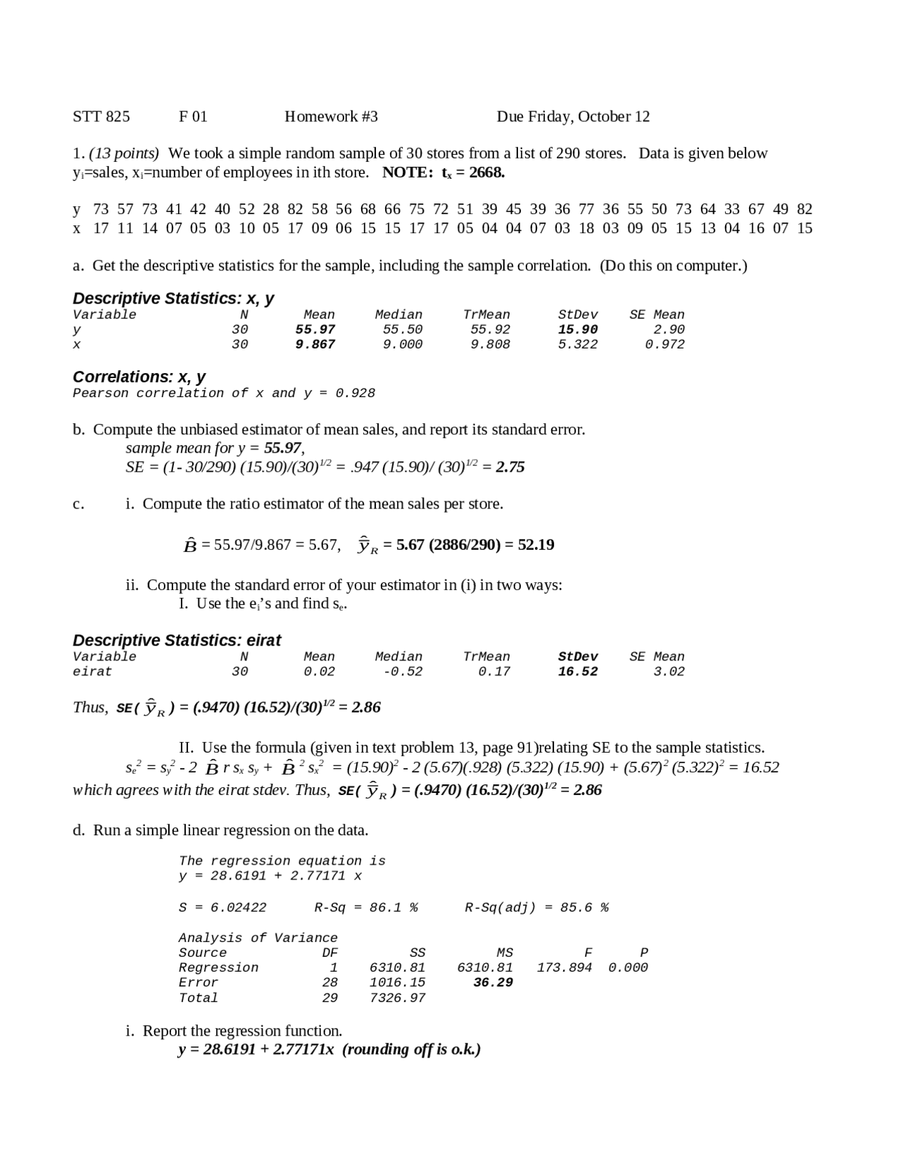 Solved Homework 3 - Sample Surveys | STT 825 | Assignments Statistics | Docsity
