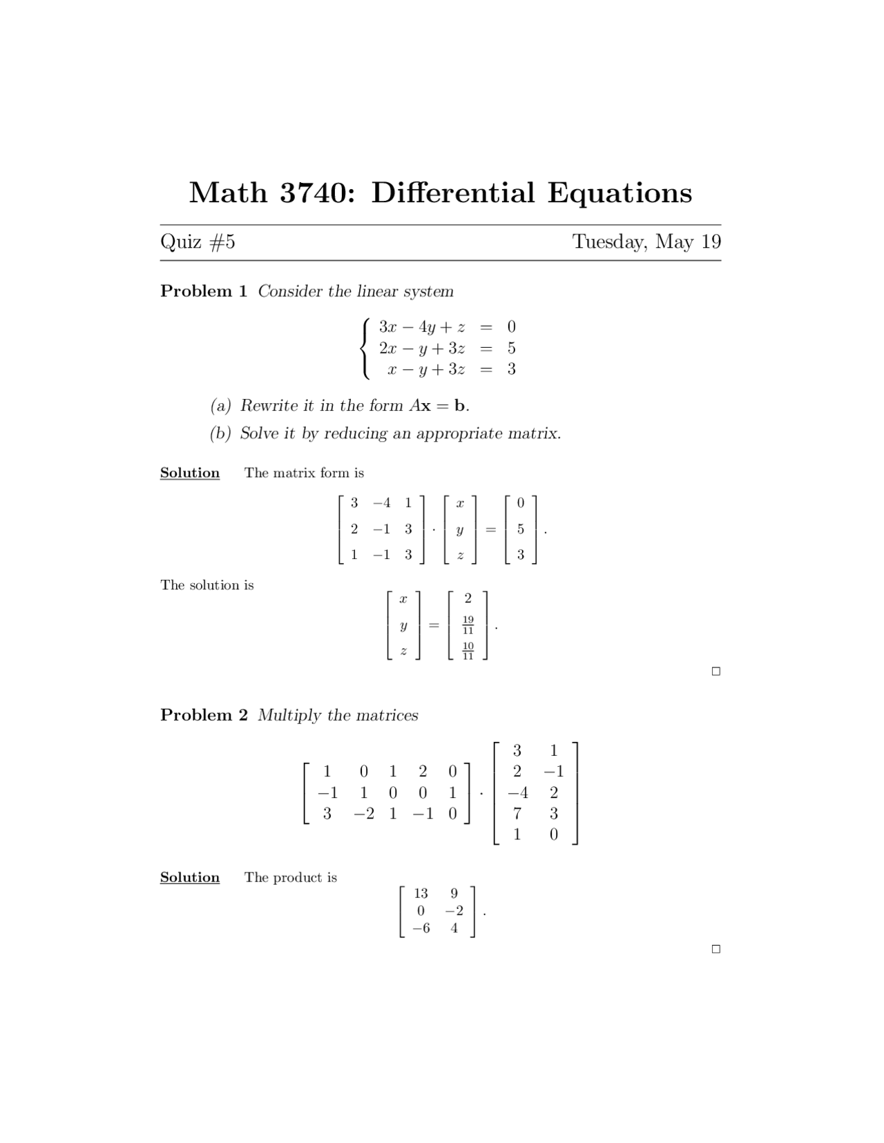 Quiz 5 Problems With Solutions Differential Equations Math 3740