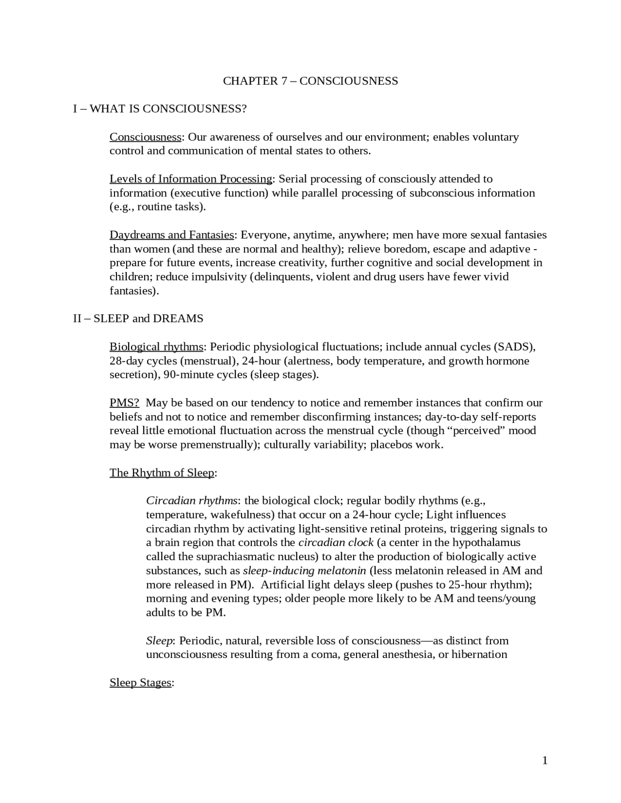 Consciousness Introductory Psychology Lecture Notes Psy 101 Docsity